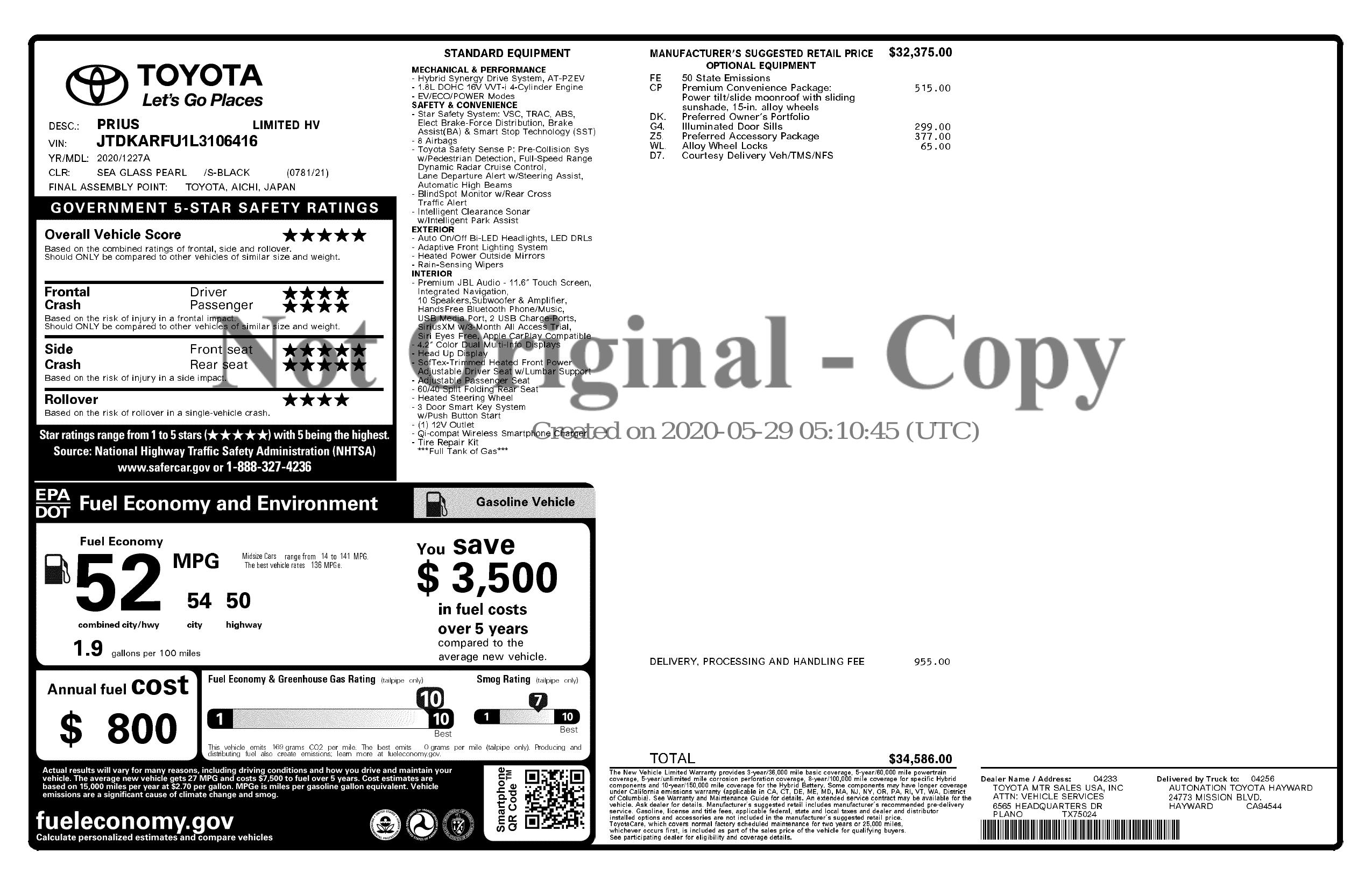 Window Sticker for 2020 Toyota Prius (Natl)