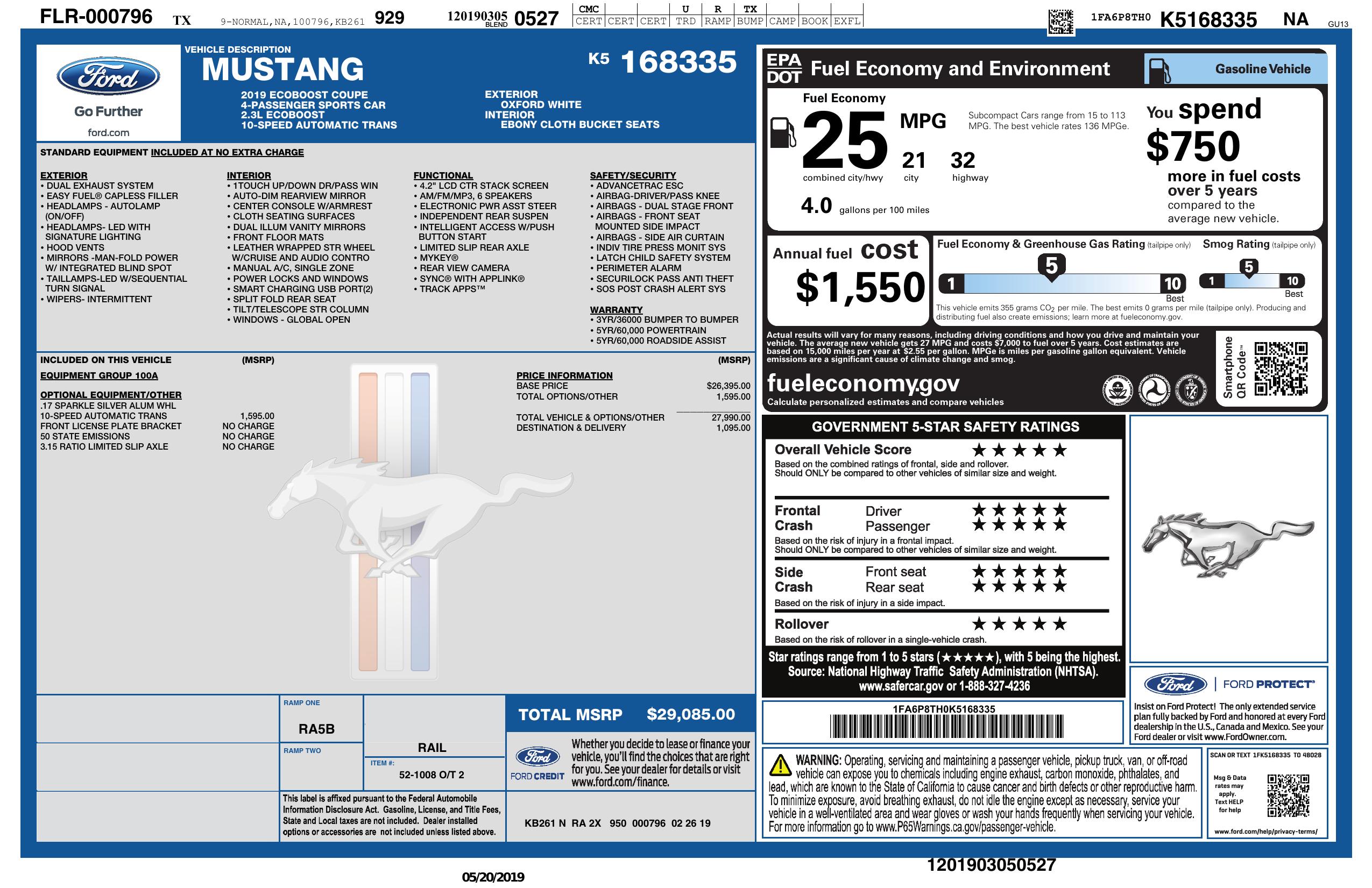 Window Sticker for 2019 Ford Mustang Eco Boost 2dr Fastback