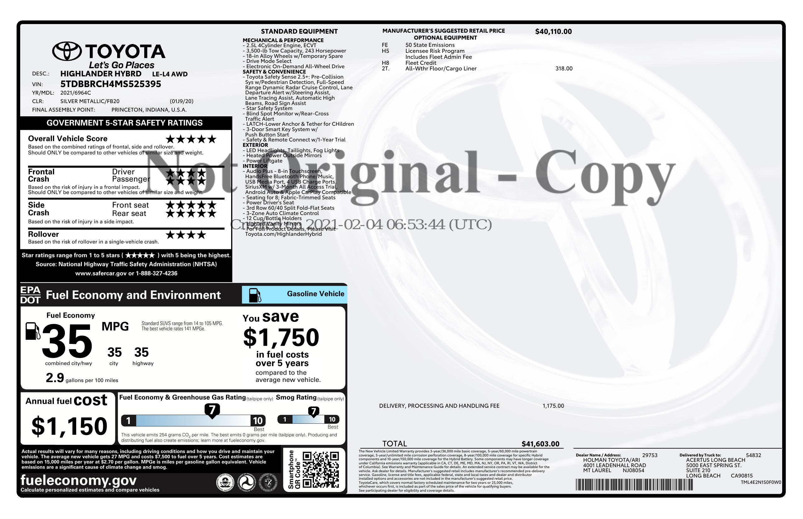 Window Sticker for 2021 Toyota Highlander Hybrid Le Awd (Natl)