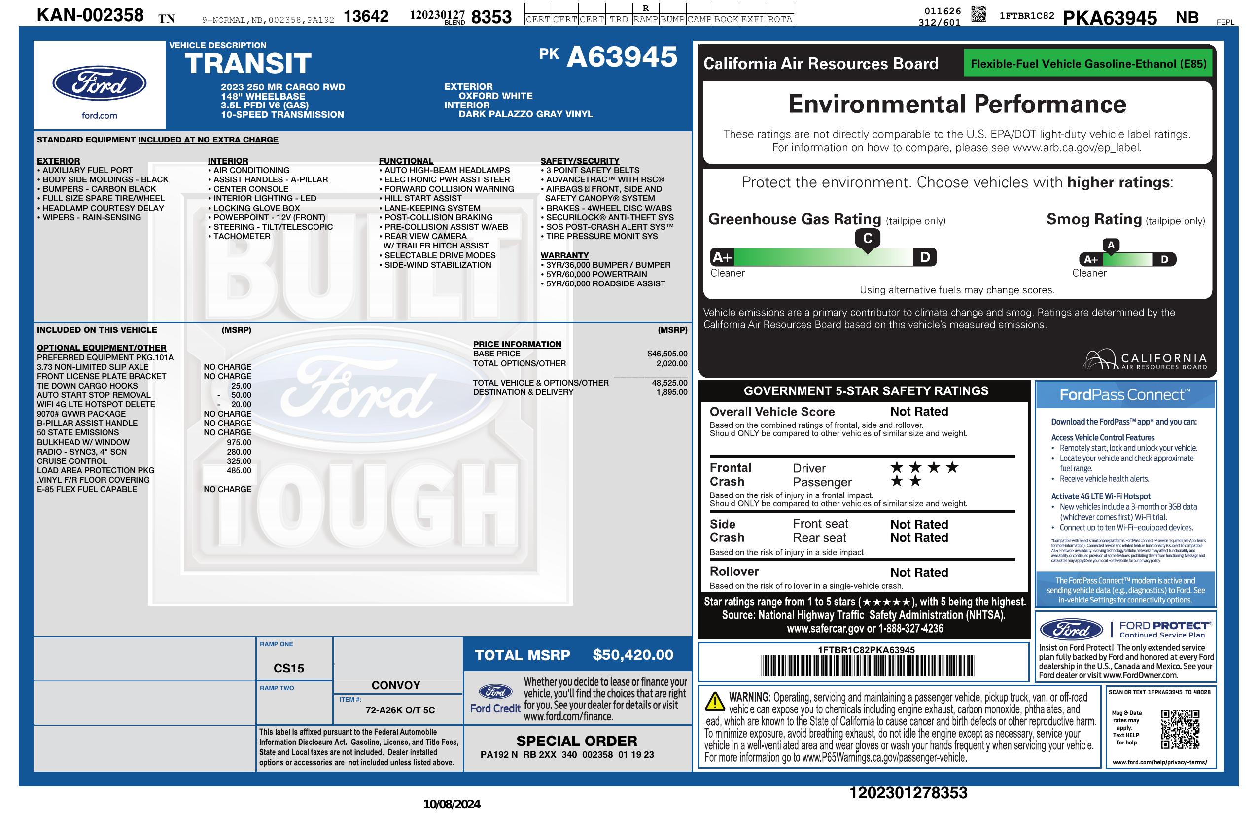 Window Sticker for 2023 Ford Transit Cargo Van T 250 Med Rf 9070 Gvwr Rwd