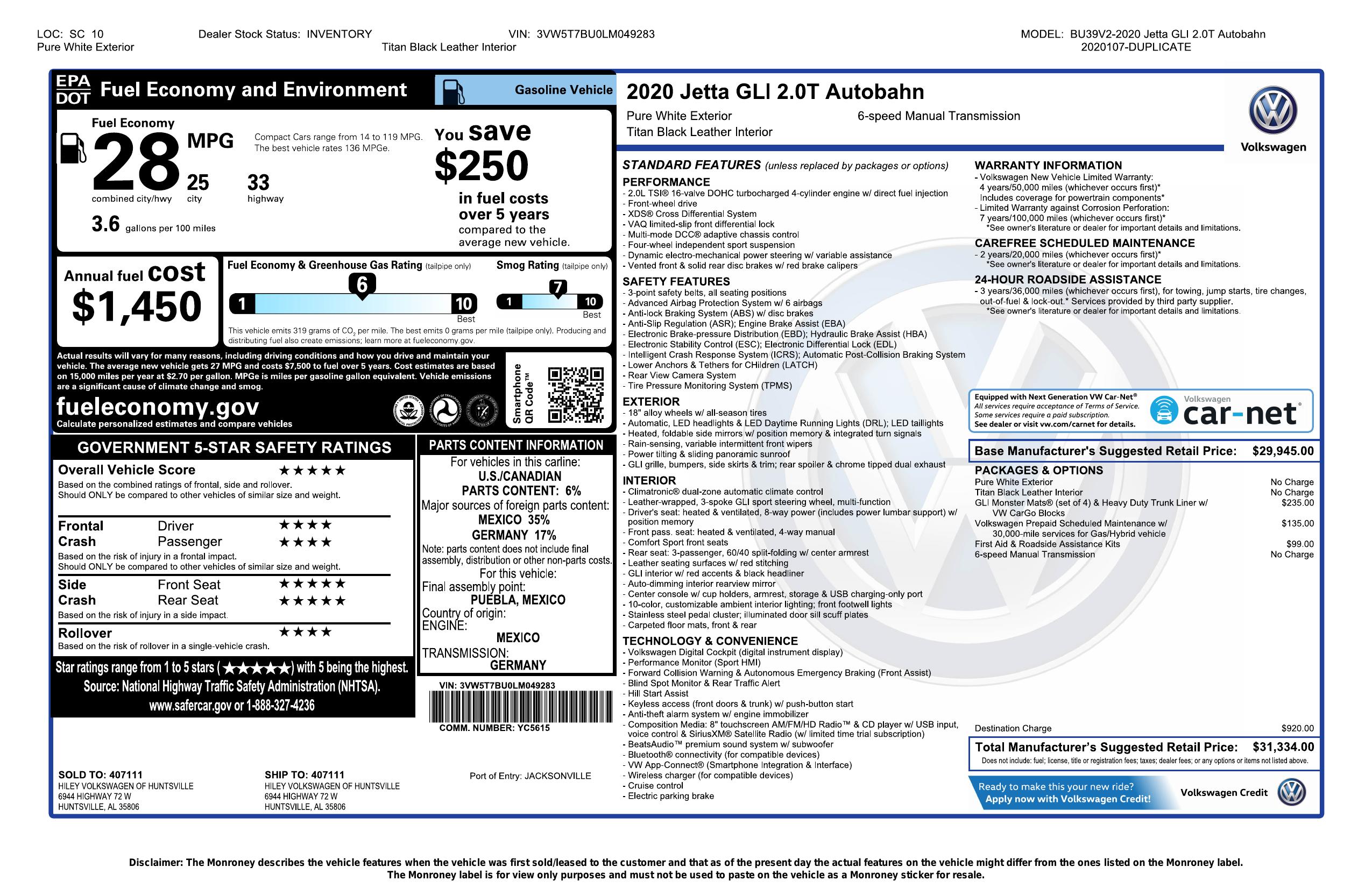 Window Sticker for 2020 Volkswagen Jetta Gli Manual