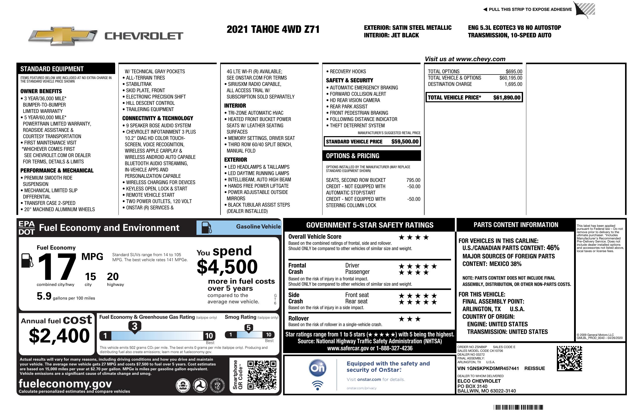 Window Sticker for 2021 Chevrolet Tahoe 4 Wd 4dr Z71
