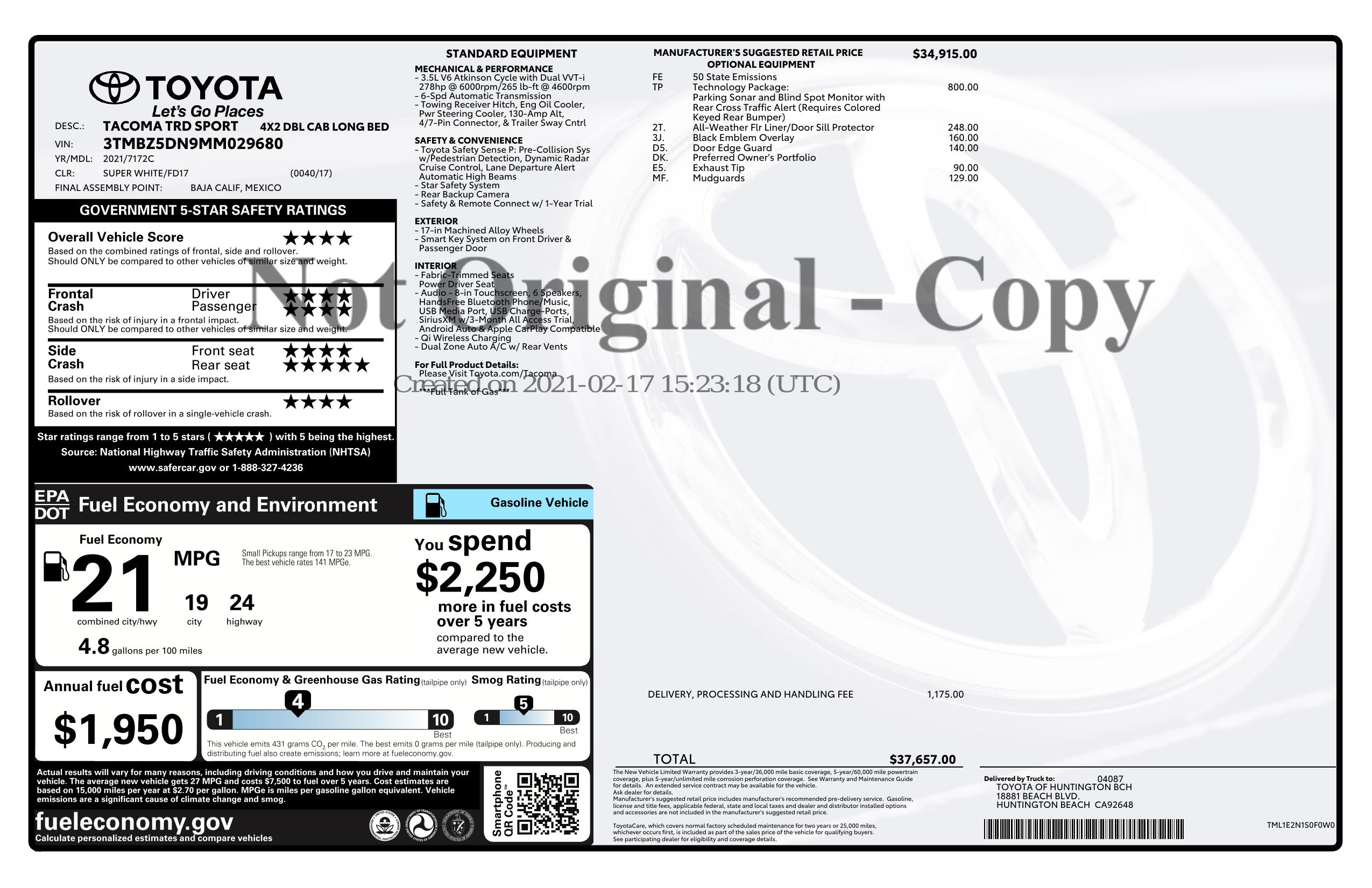 Window Sticker for 2021 Toyota Tacoma 2 Wd Trd Sport W/ Technology Package