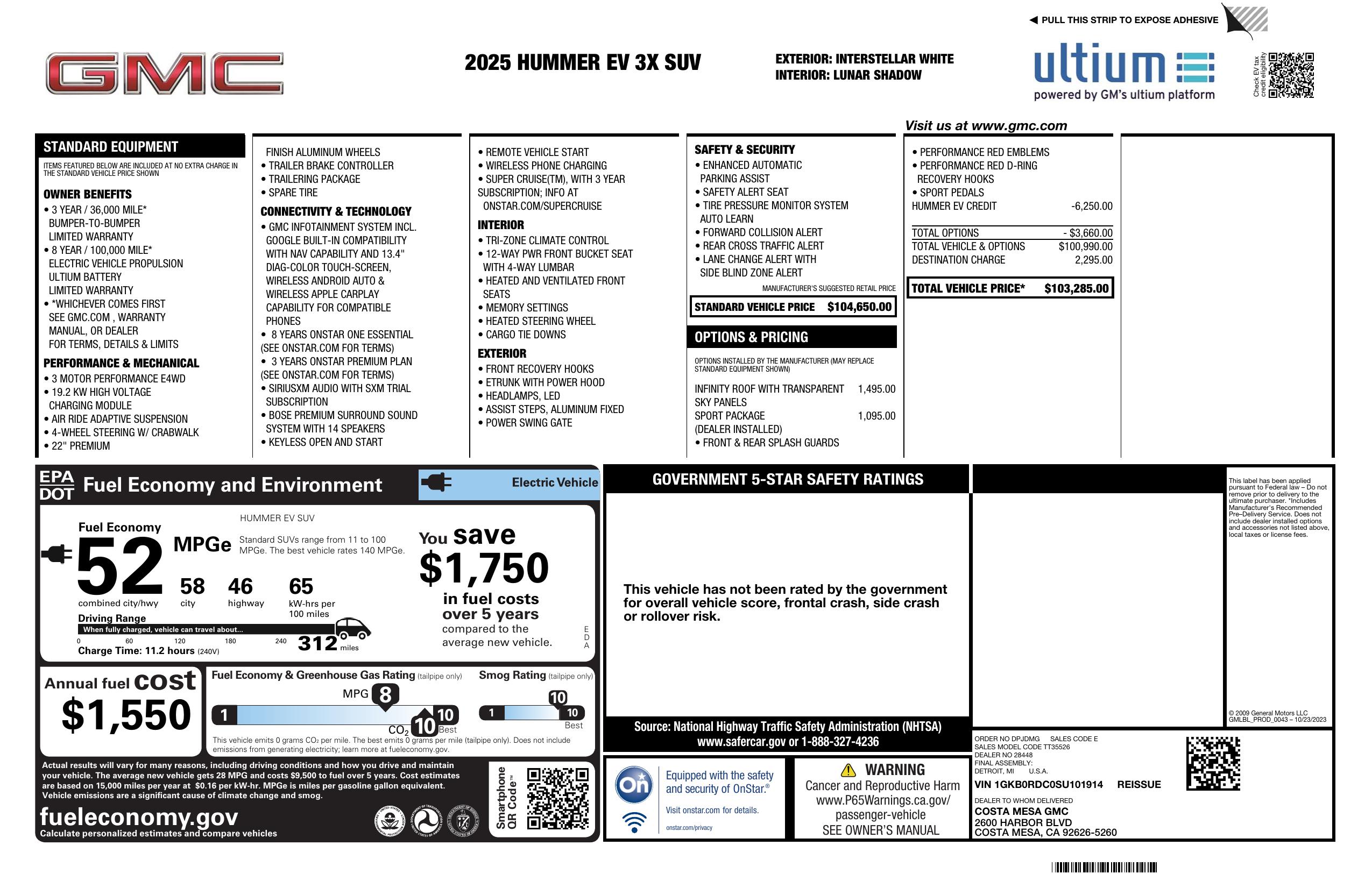 Window Sticker for 2025 GMC Hummer Ev Suv E4 Wd 4dr 3 X