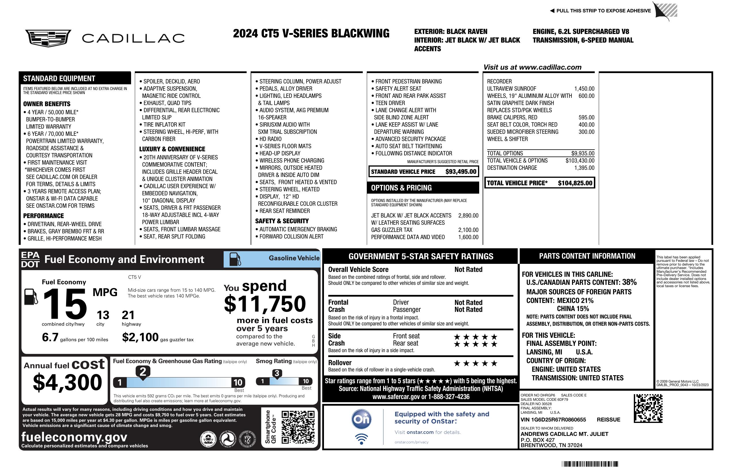 Window Sticker for 2024 Cadillac Ct5 V 4dr Sdn Blackwing