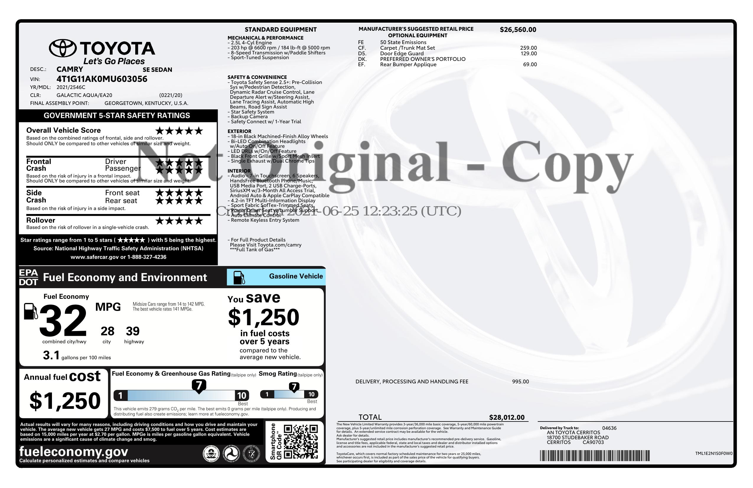 Window Sticker for 2021 Toyota Camry Se Auto (Natl)