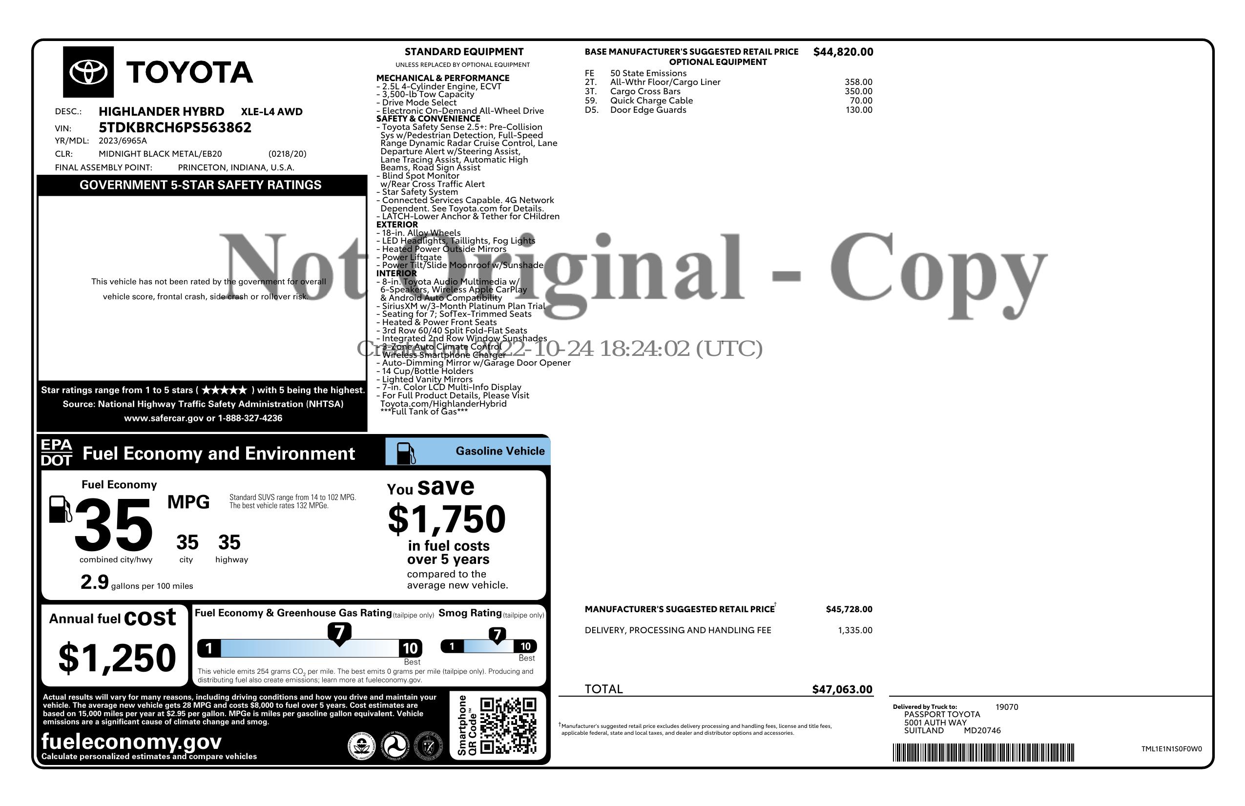 Window Sticker for 2023 Toyota Highlander Xle