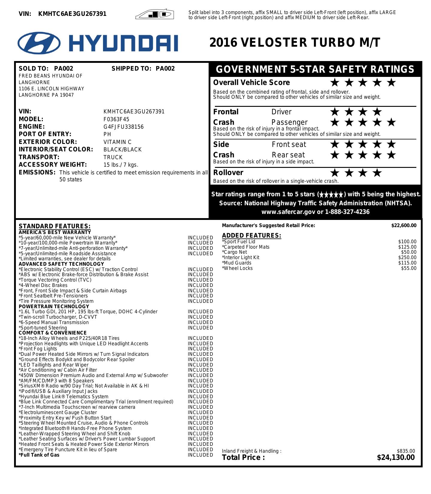 Window Sticker for 2016 Hyundai Veloster 3dr Cpe Man Turbo W/Orange Accent