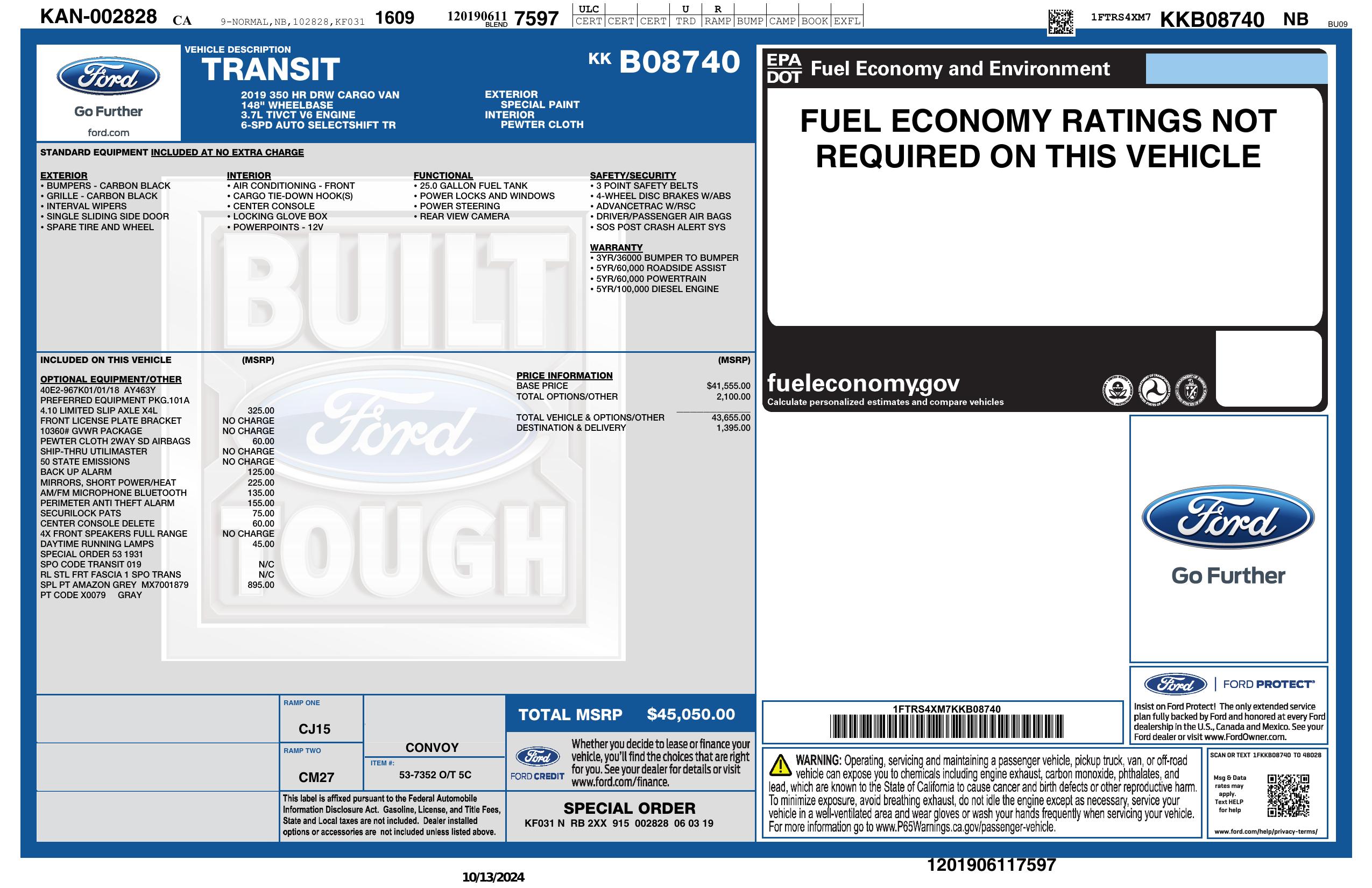 Window Sticker for 2019 Ford Transit Van T 350 Hd 148" El Hi Rf 10360 ...