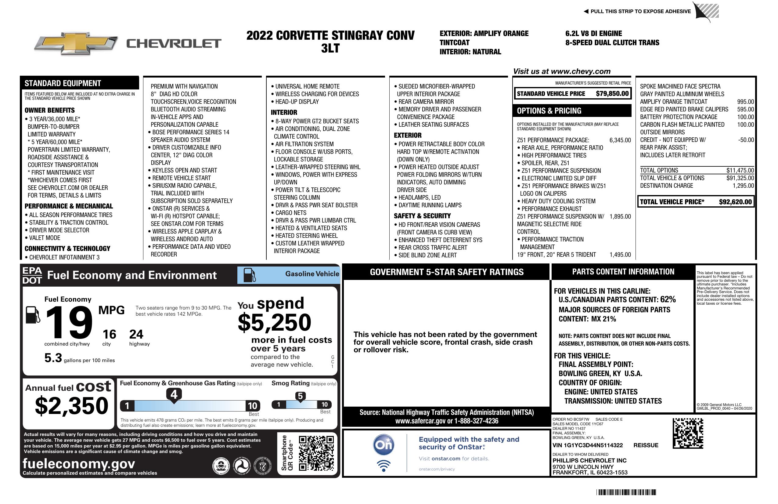Window Sticker for 2022 Chevrolet Corvette 2dr Stingray Conv W/3 Lt