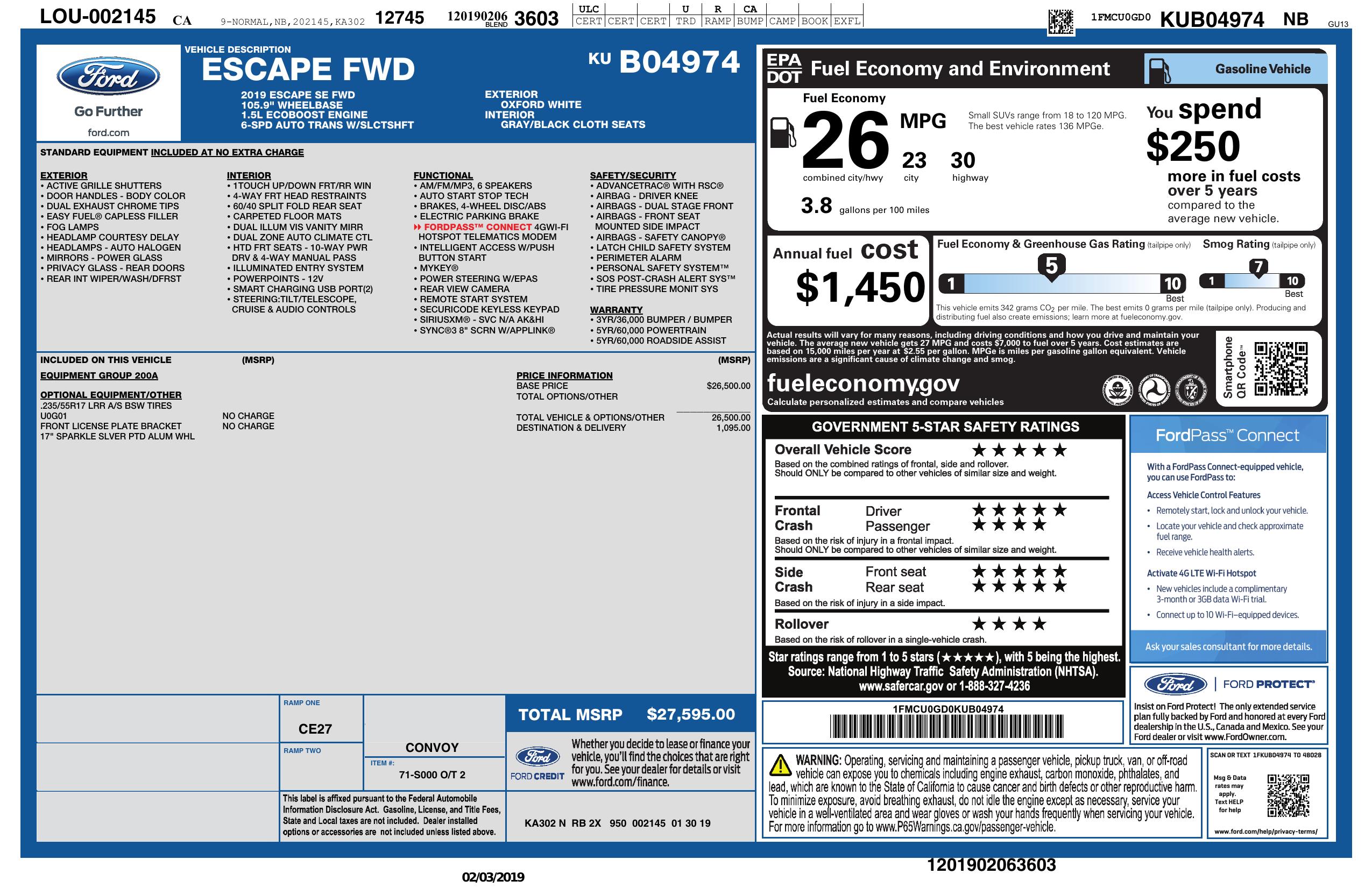 Window Sticker for 2019 Ford Escape Se 4dr Suv