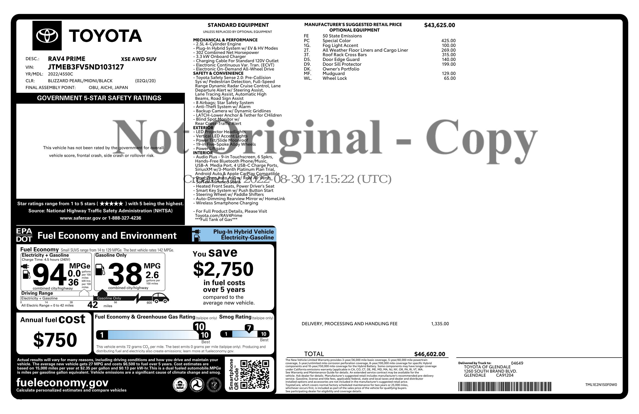 Window Sticker for 2022 Toyota Rav4 Prime Xse (Natl)