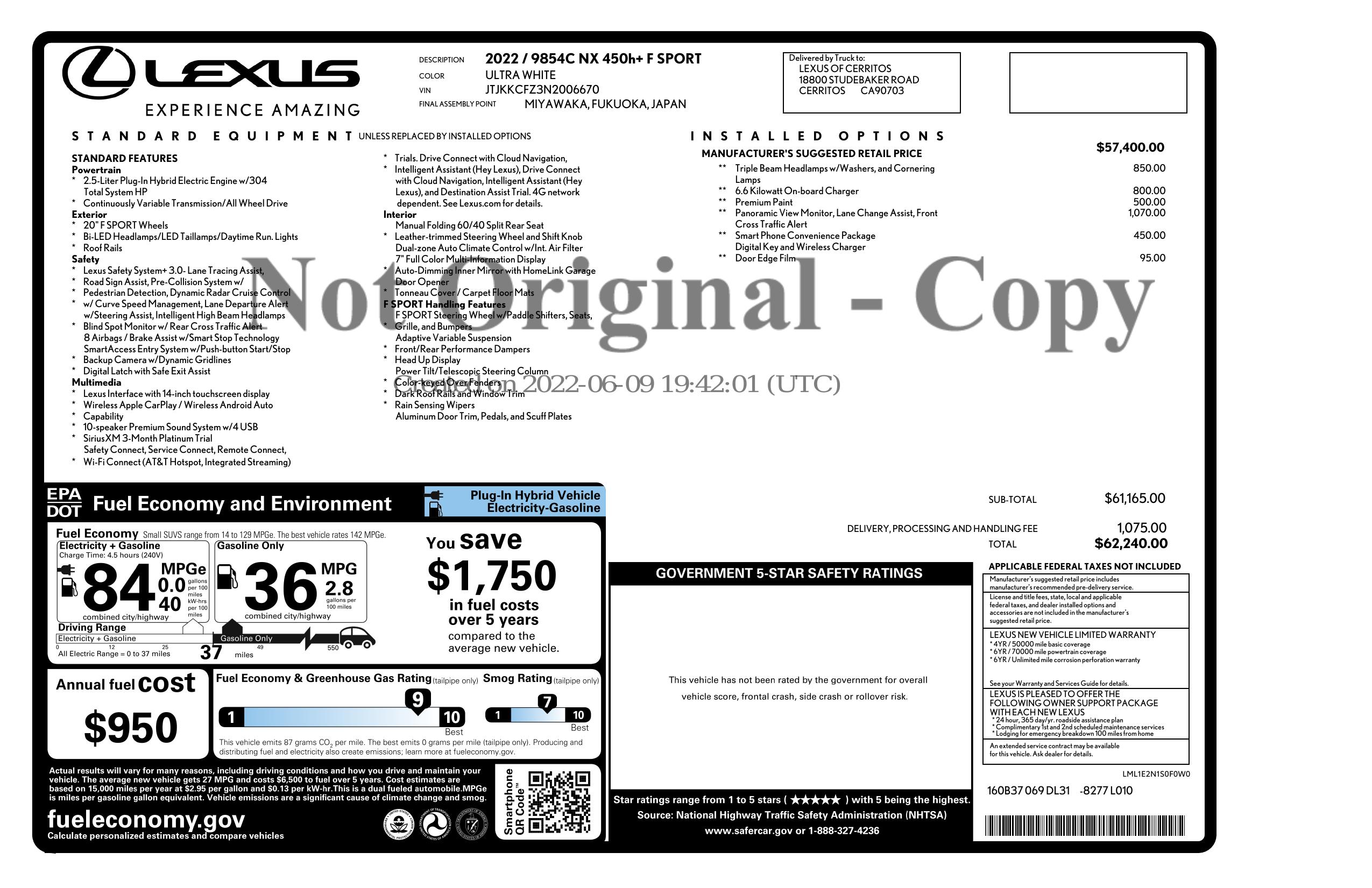 Window Sticker for 2022 Lexus Nx Nx 450h+ F Sport Awd