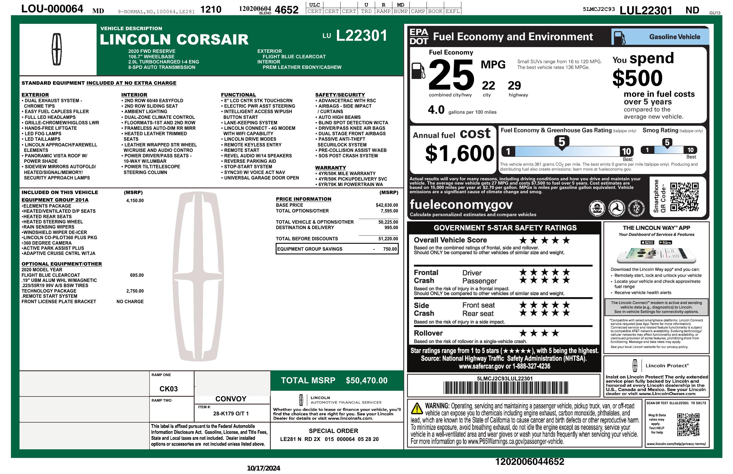 Window Sticker for 2020 Lincoln Corsair Reserve Fwd
