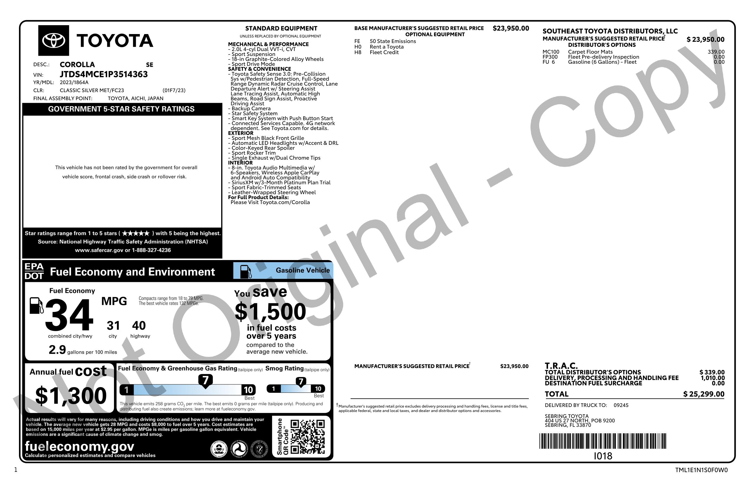 Window Sticker for 2023 Toyota Corolla Se Cvt (Natl)