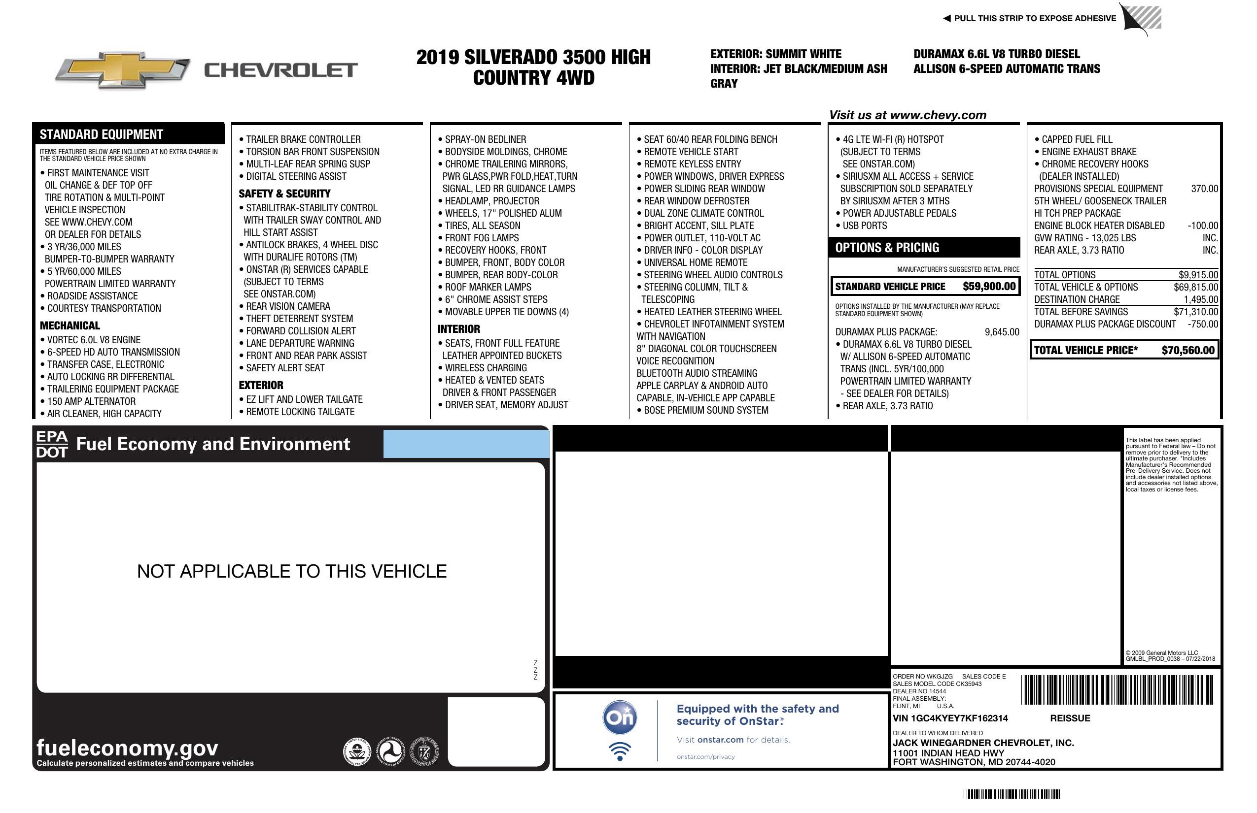 Window Sticker for 2019 Chevrolet Silverado 3500 Hd 4 Wd Crew Cab 167.7 ...