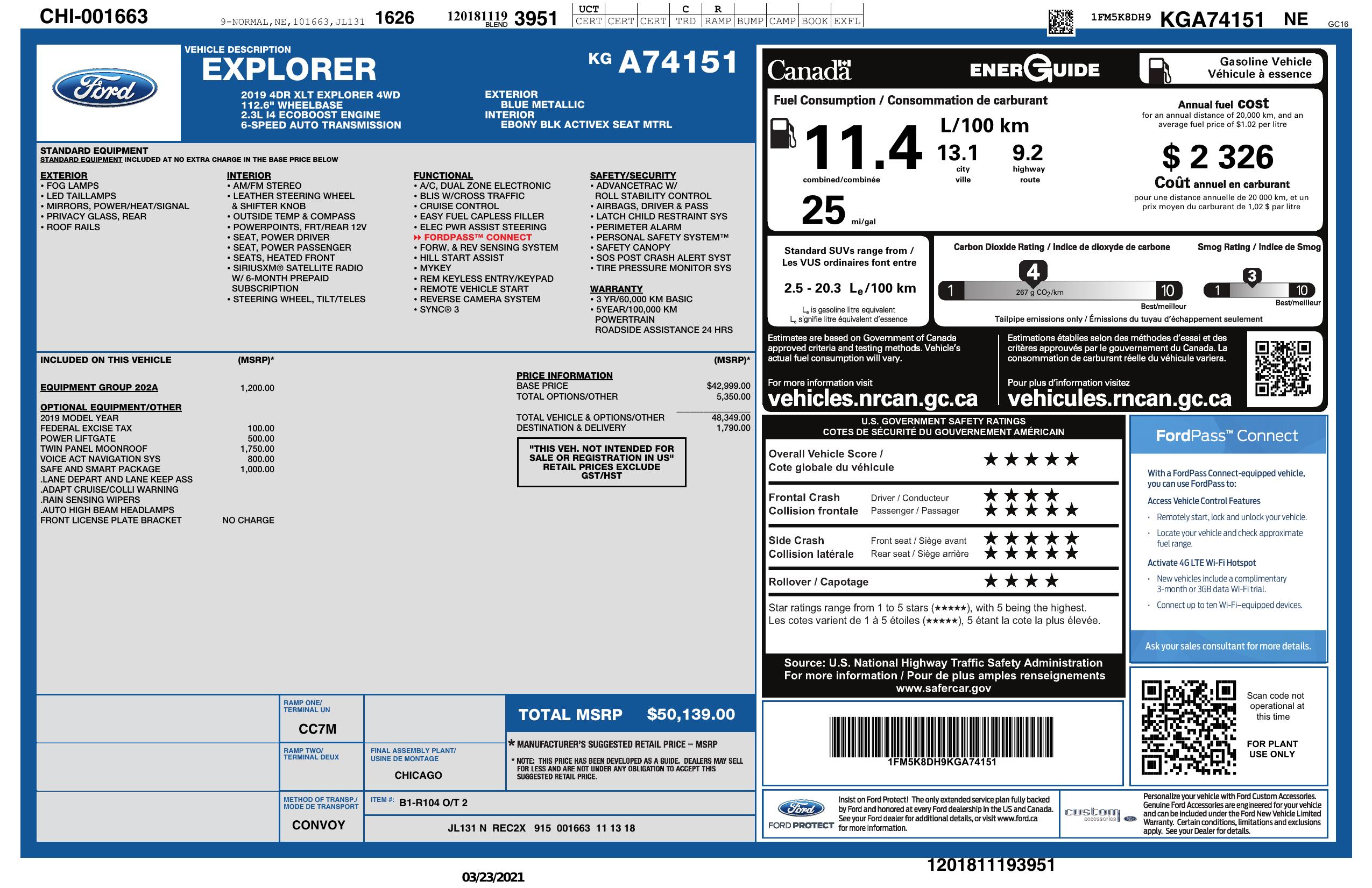 Window Sticker for 2019 Ford Explorer Xlt 4 Wd