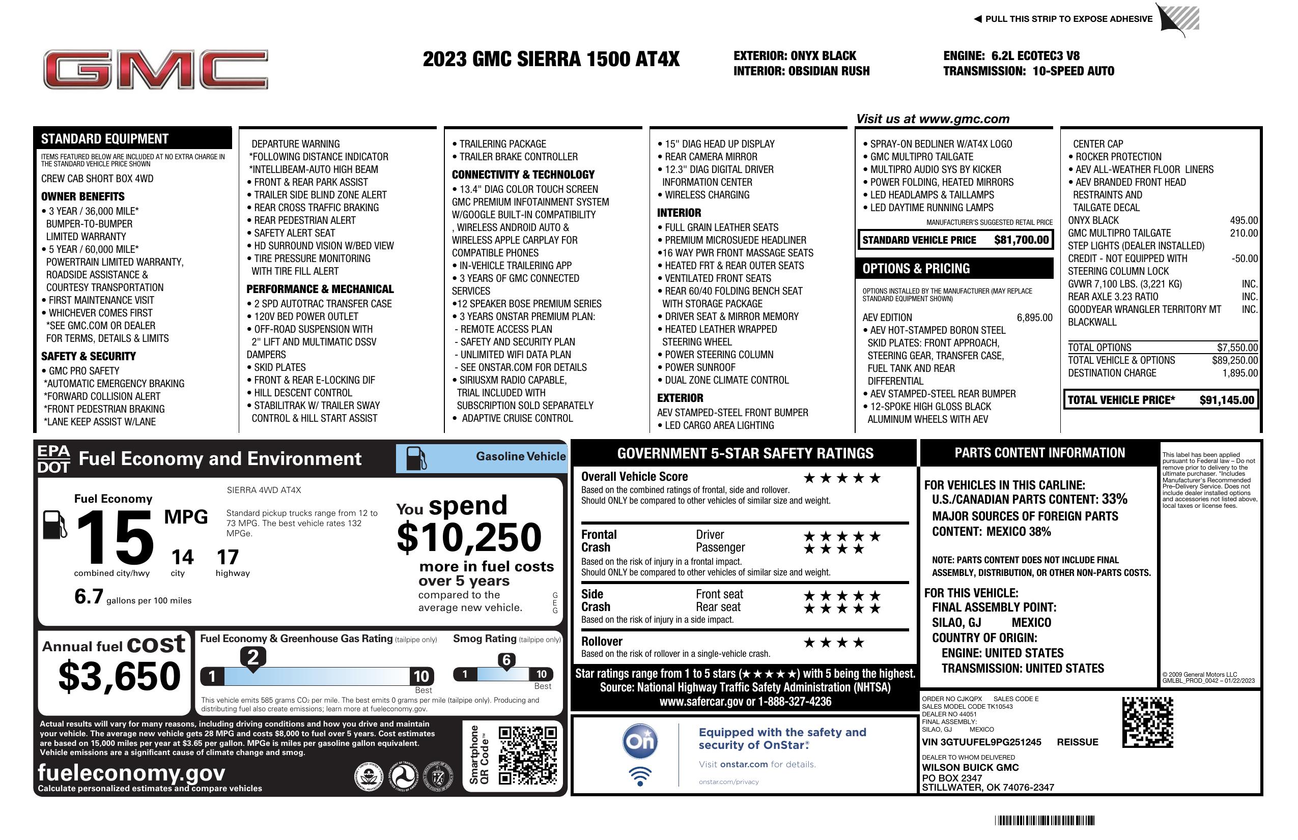 Window Sticker for 2023 GMC Sierra 1500 4 Wd Crew Cab 147" At4 X