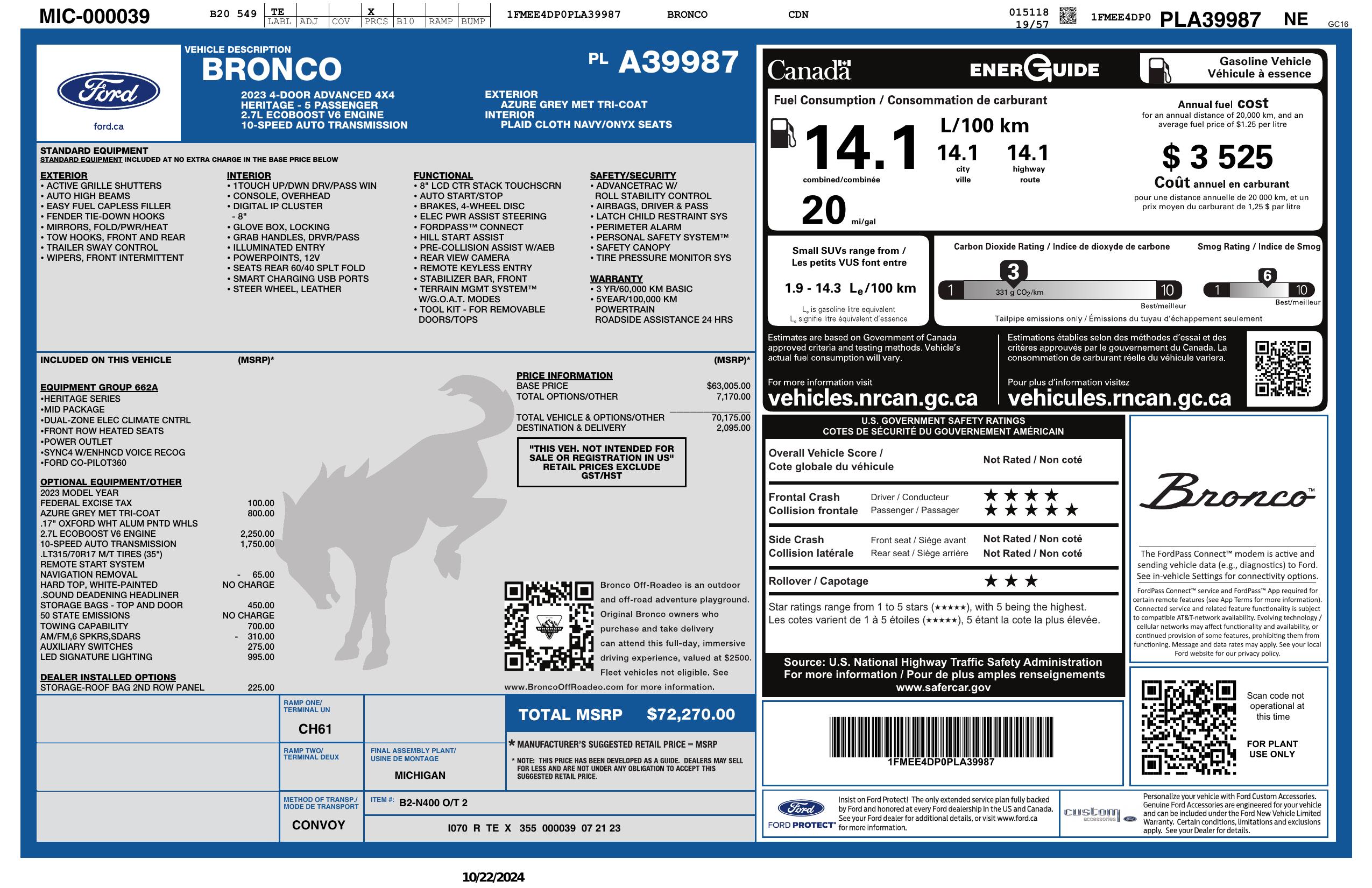 Window Sticker for 2023 Ford Bronco Heritage Edition 4 Door Advanced 4x4