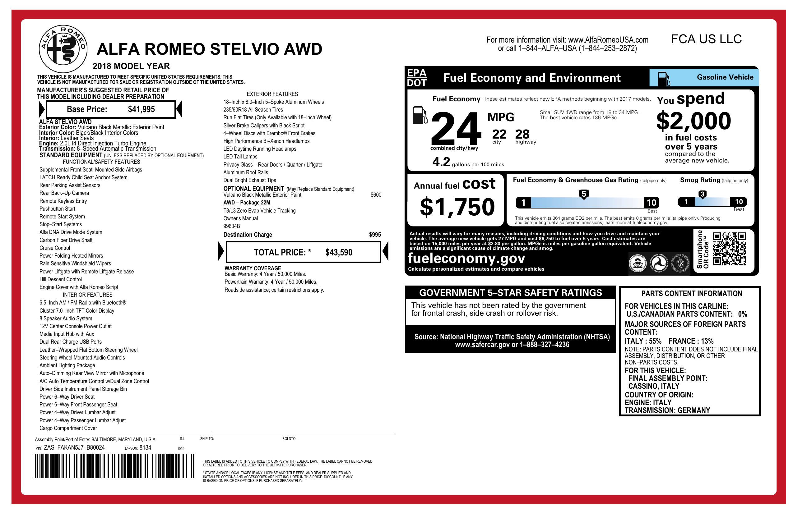 Window Sticker for 2018 Alfa Romeo Stelvio Awd