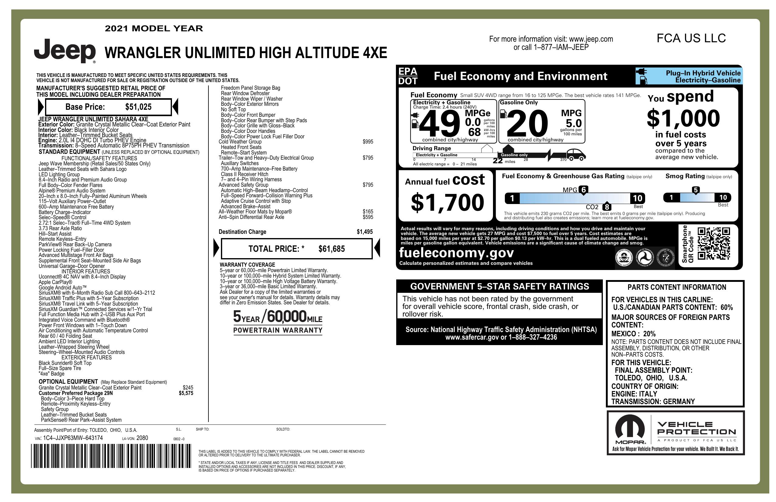 Window Sticker for 2021 Jeep Wrangler 4xe Unlimited Sahara High ...