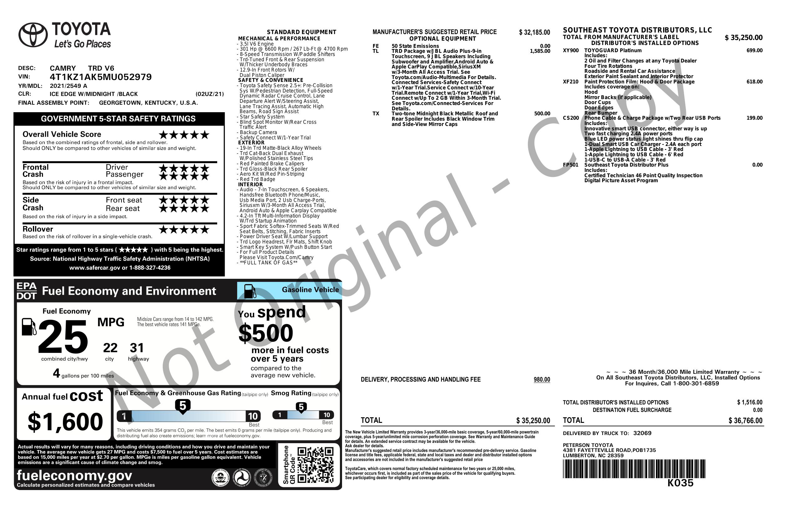 Window Sticker for 2021 Toyota Camry V6 Auto (Natl)