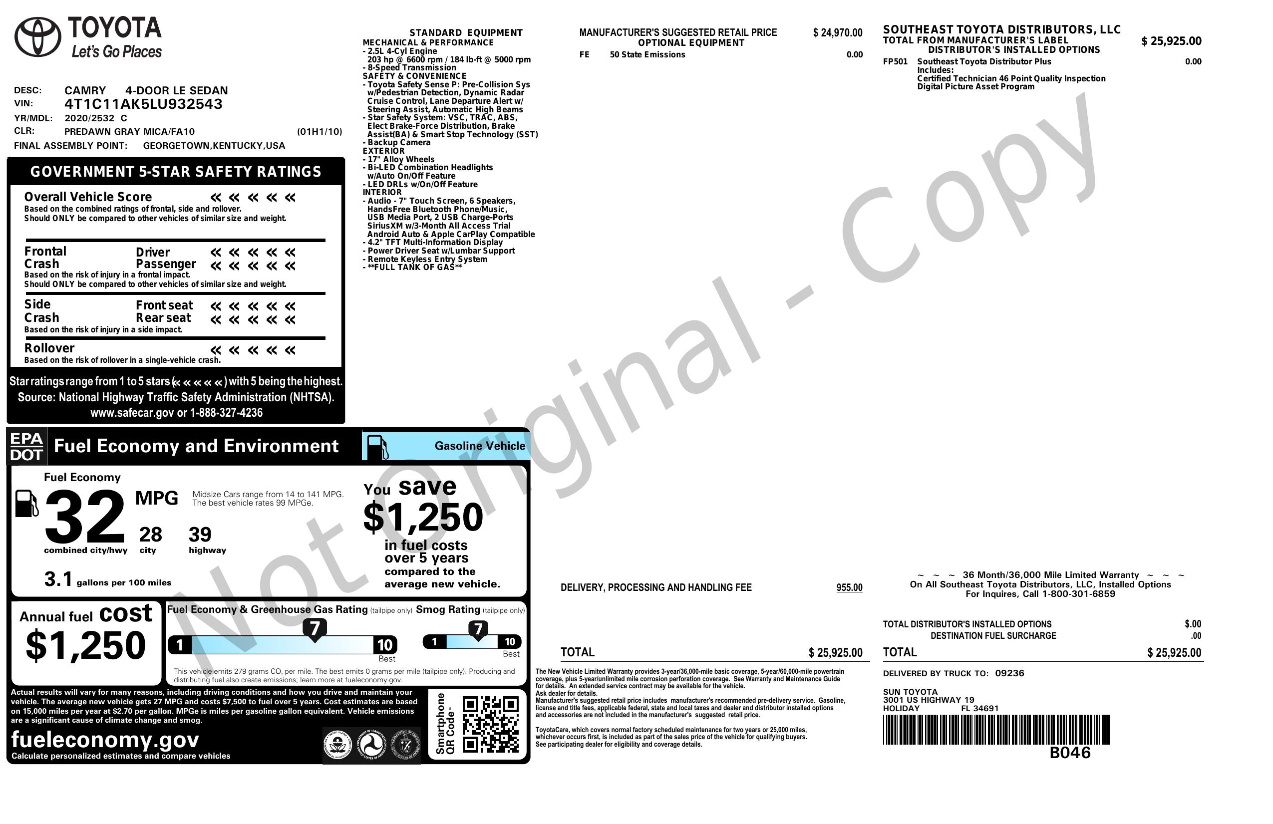 Window Sticker for 2020 Toyota Camry Le Auto (Natl)