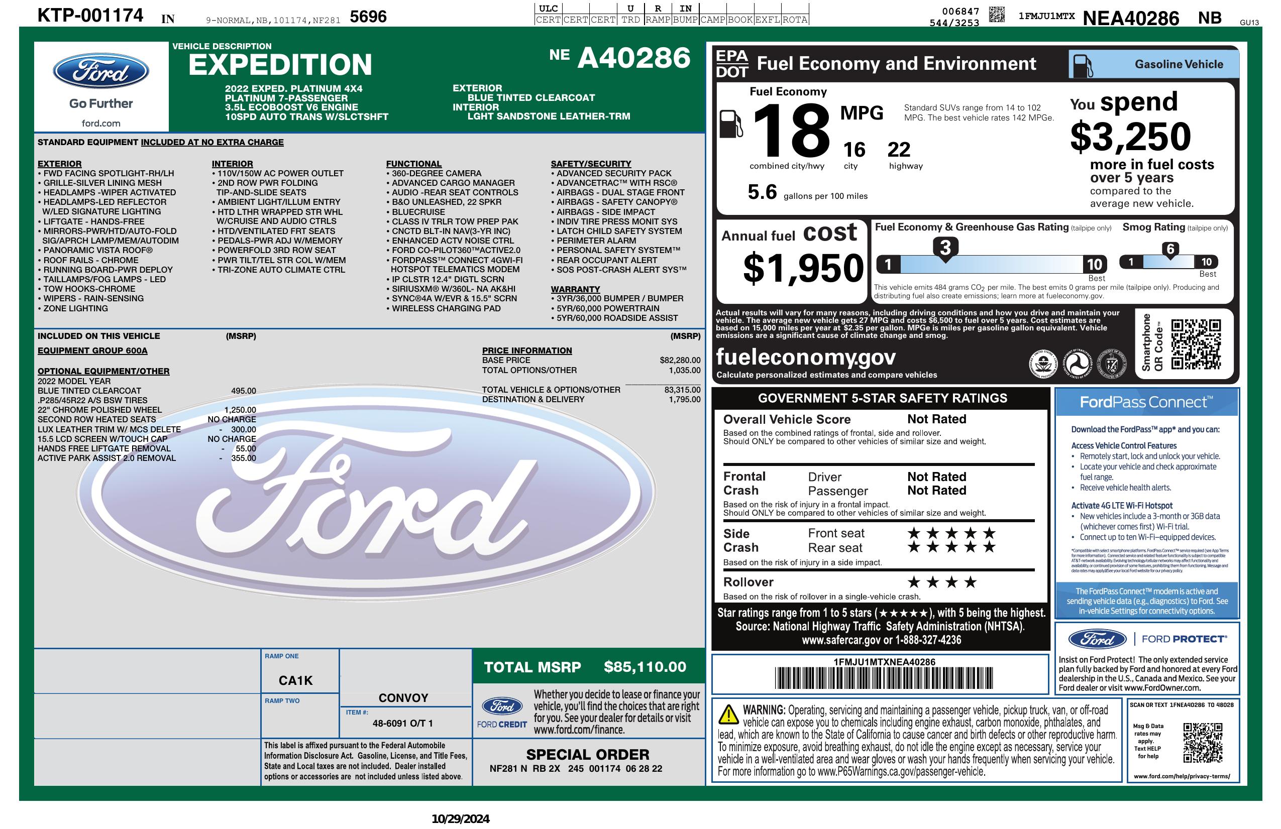 Window Sticker for 2022 Ford Expedition Platinum 4x4