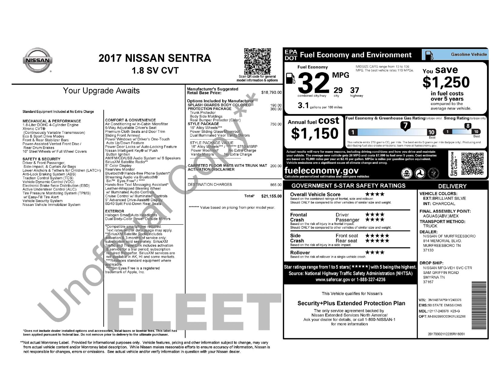Window Sticker for 2017 Nissan Sentra