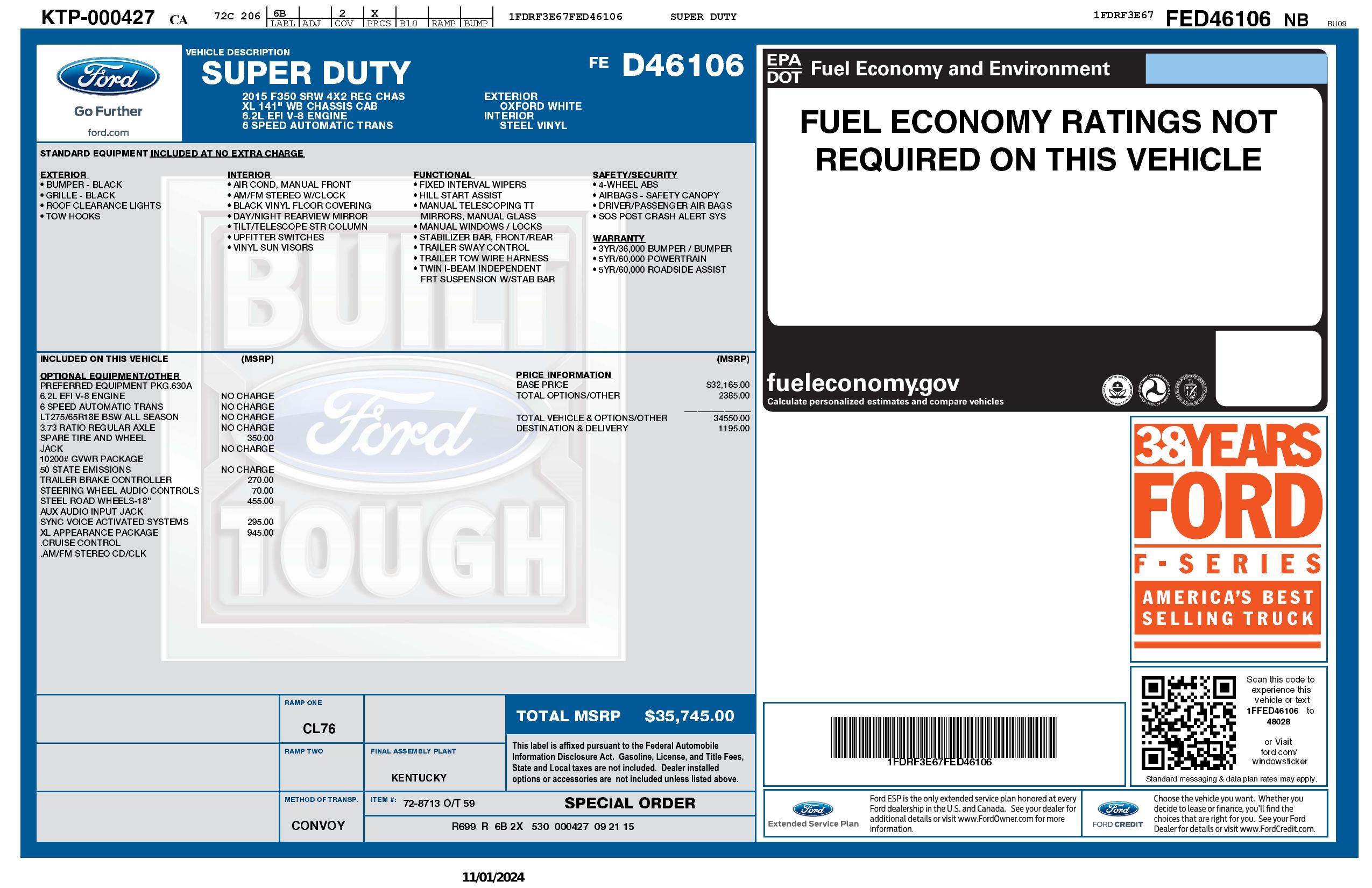 Window Sticker for 2015 Ford Super Duty F 350 Srw 2 Wd Reg Cab 141" Wb ...
