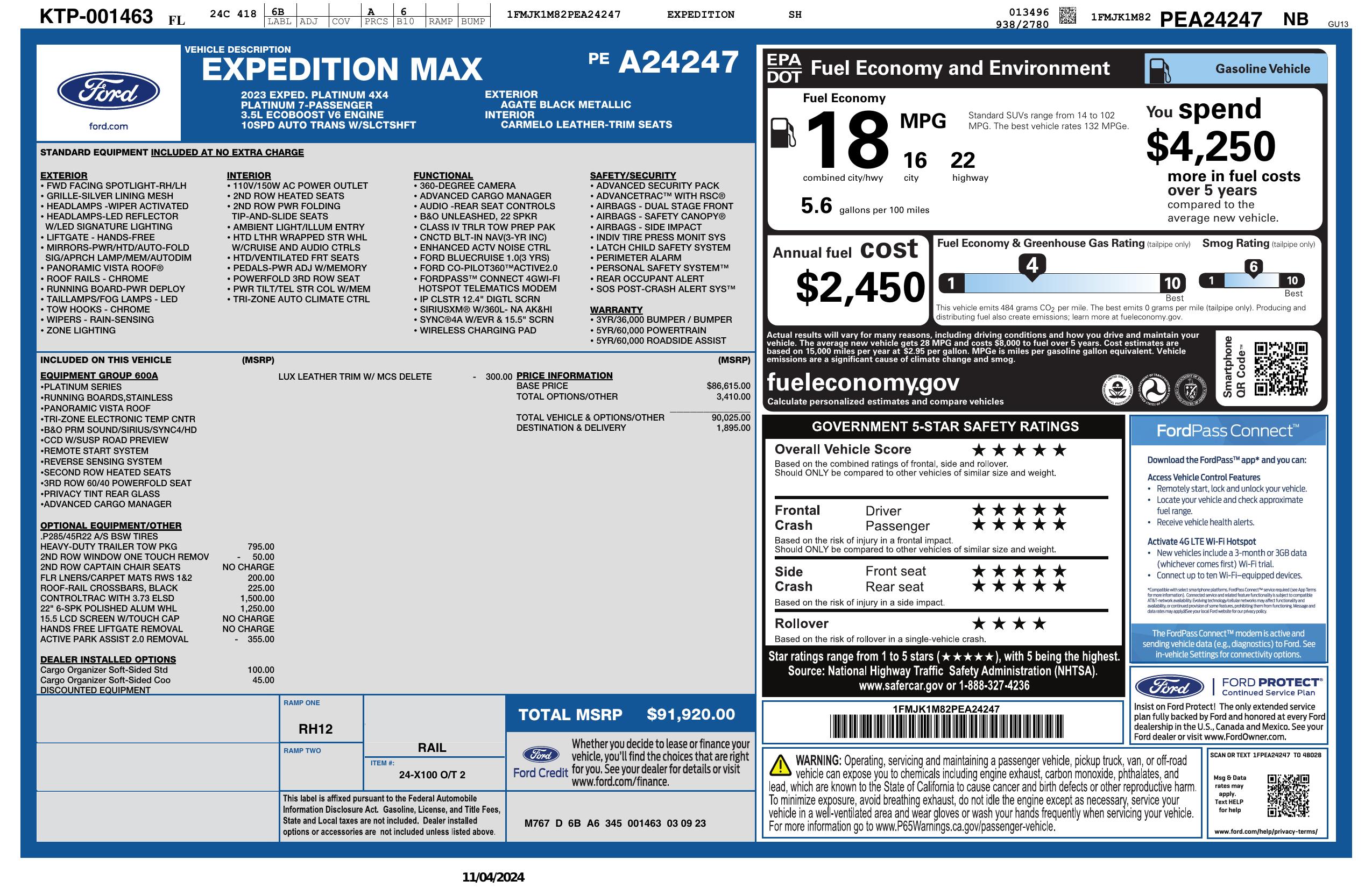 Window Sticker for 2023 Ford Expedition Max 4x4 Platinum 4dr Suv