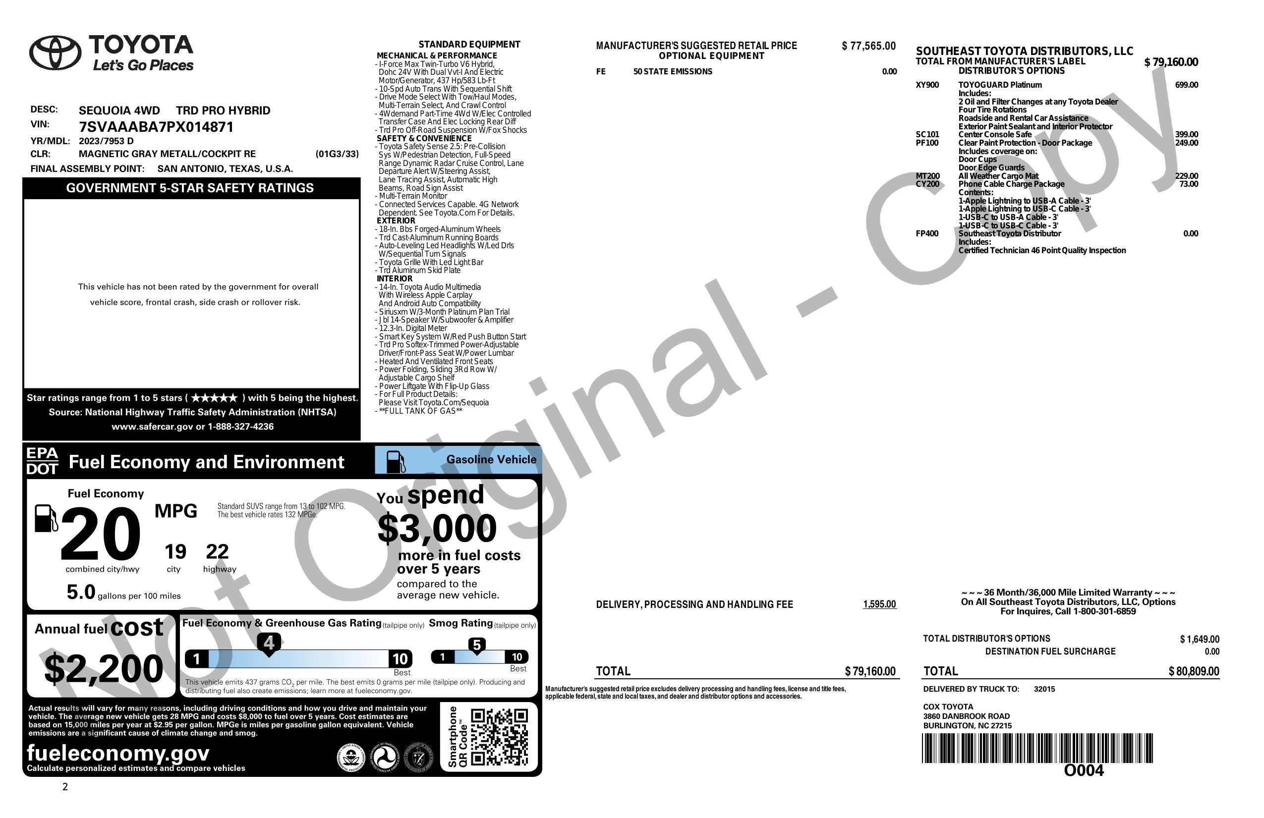 Window Sticker for 2023 Toyota Sequoia