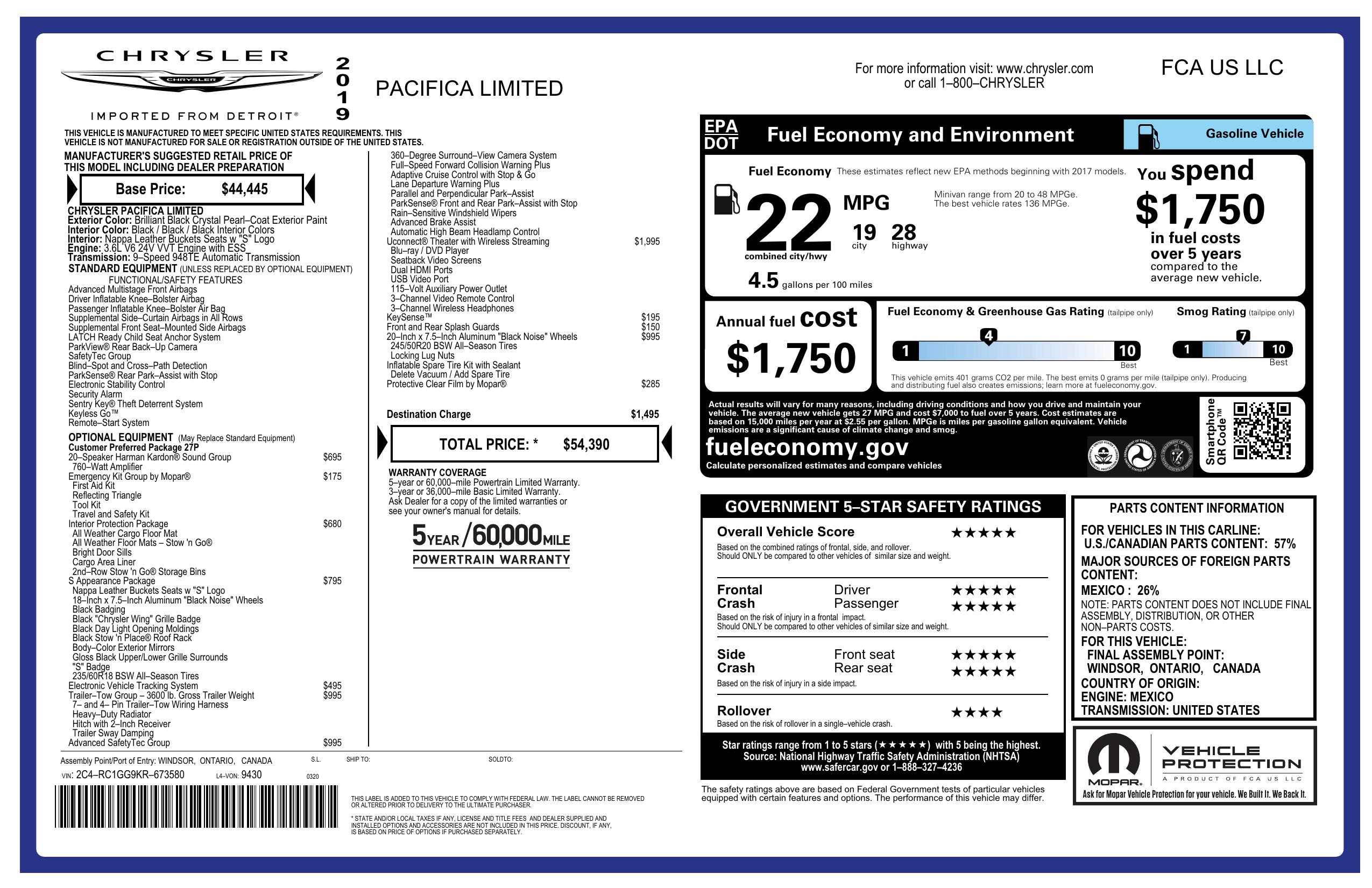 Window Sticker for 2019 Chrysler Pacifica Limited Fwd