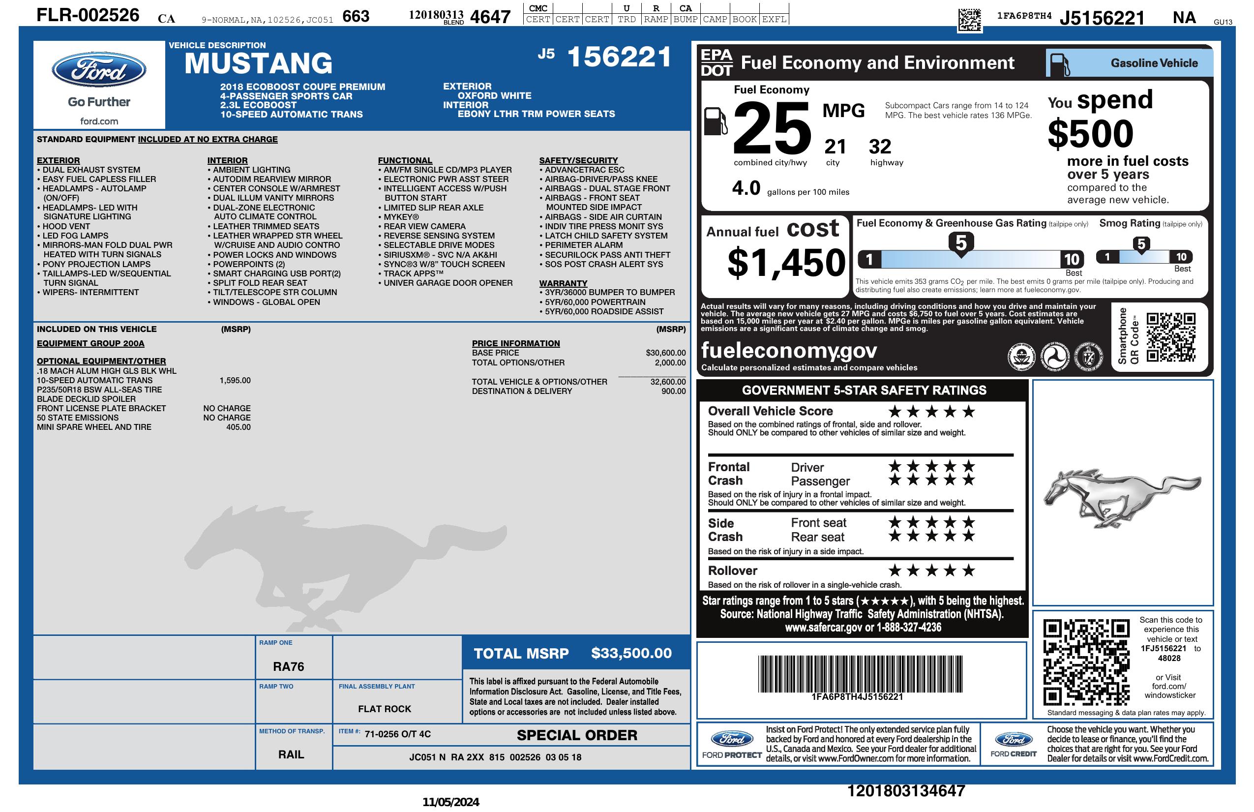 Window Sticker for 2018 Ford Mustang Eco Boost Fastback