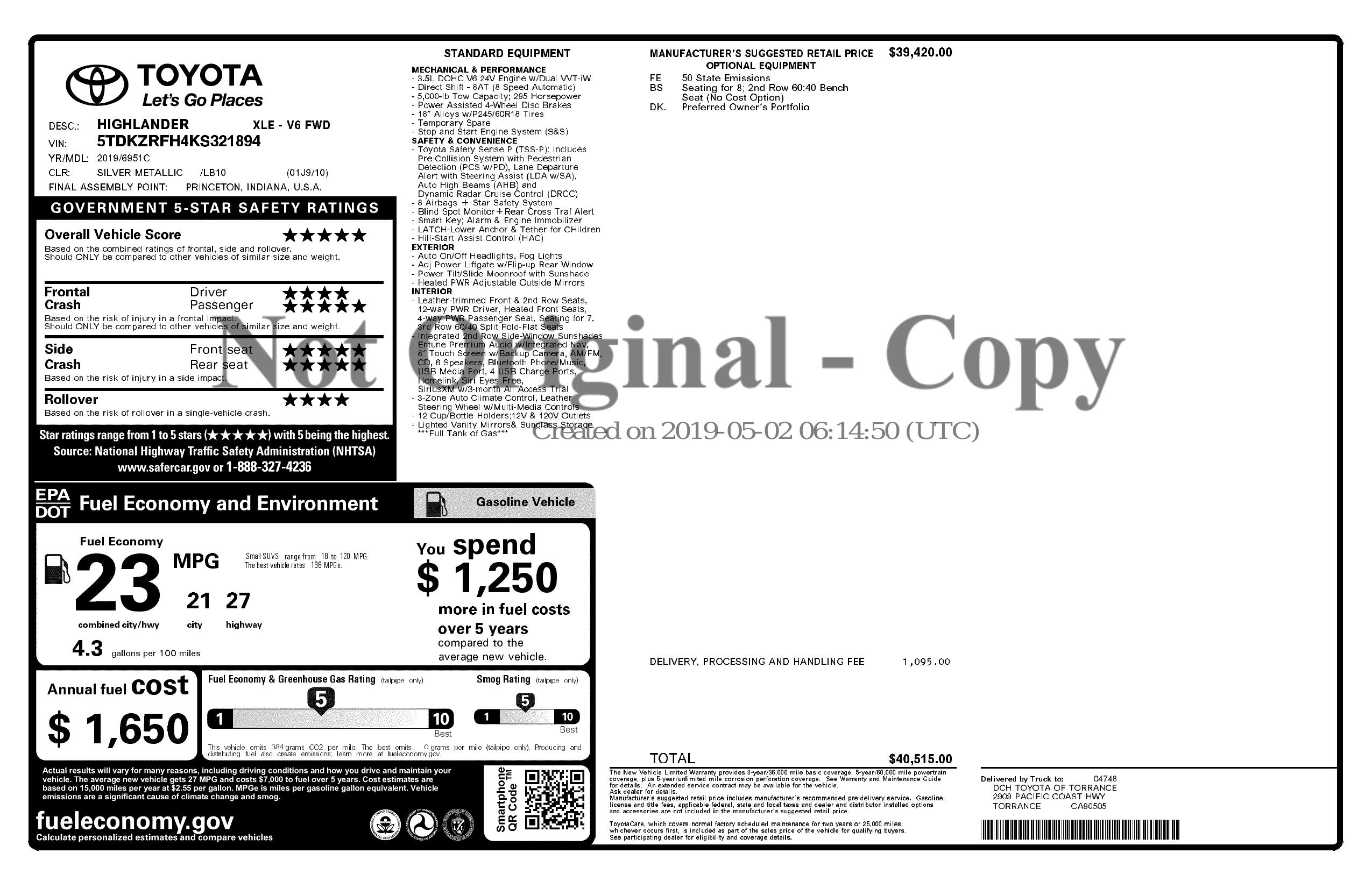 Window Sticker for 2019 Toyota Highlander V6 Fwd (Natl)