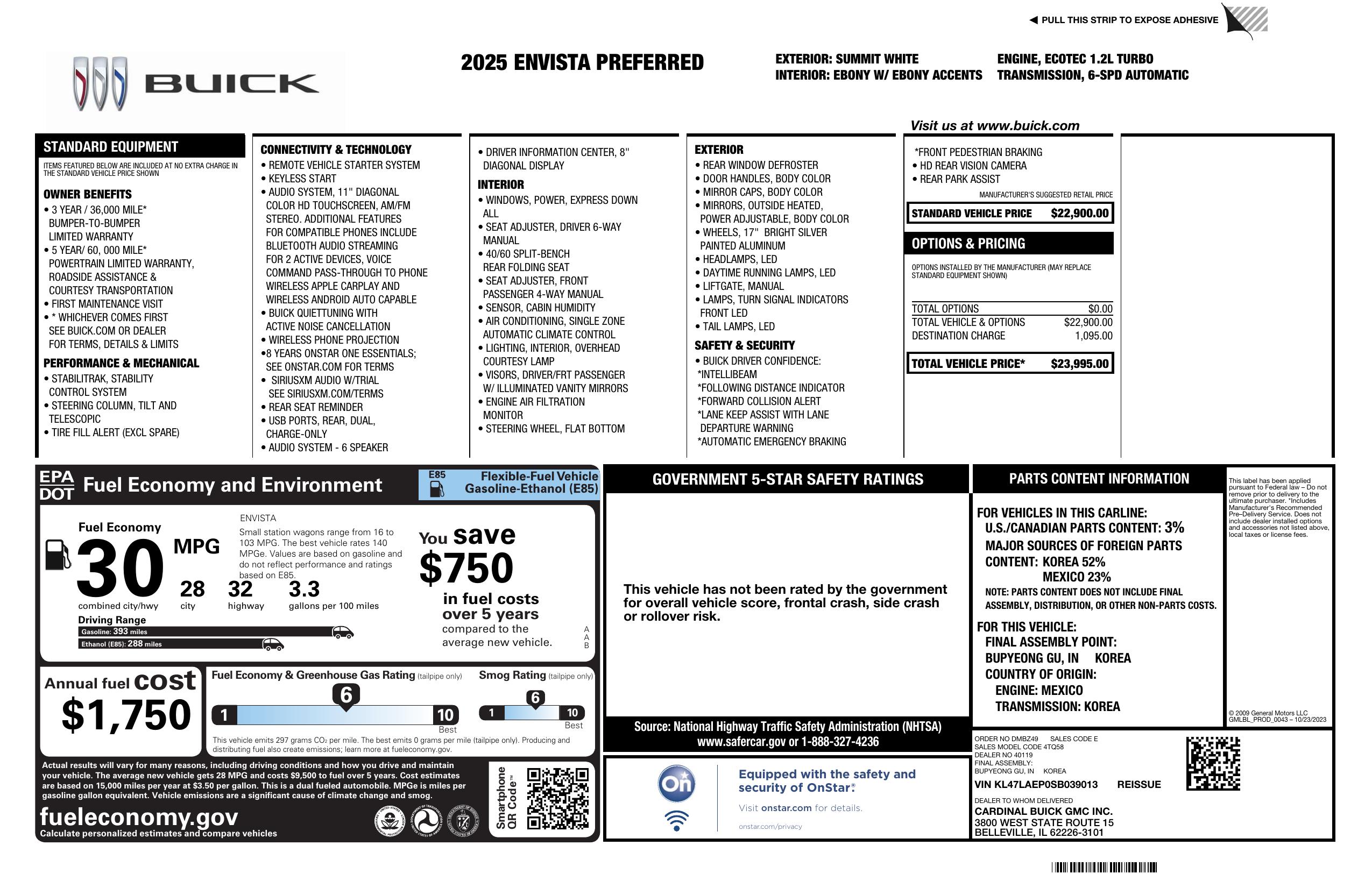 Window Sticker for 2025 Buick Envista Fwd 4dr Preferred