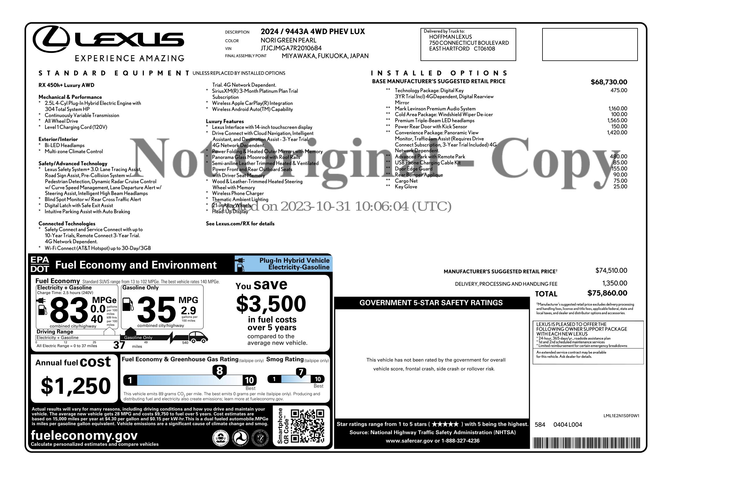 Window Sticker for 2024 Lexus Rx Rx 450h+ Luxury Awd