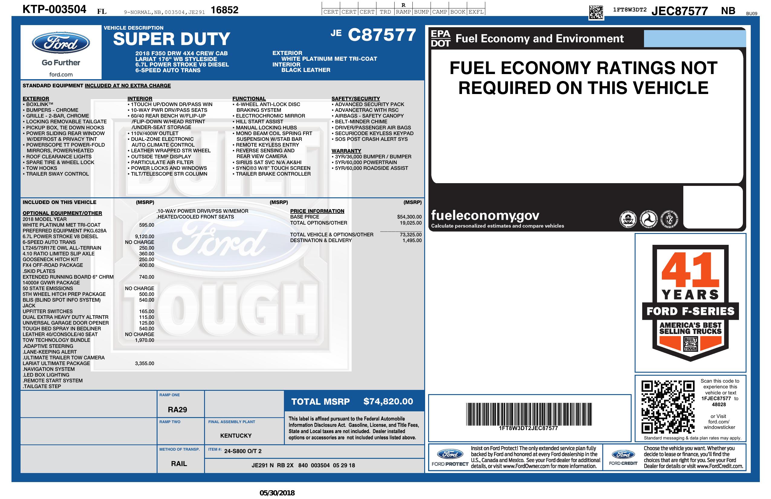 Window Sticker for 2018 Ford Super Duty F 350 Drw 4x4 Lariat 4dr Crew ...