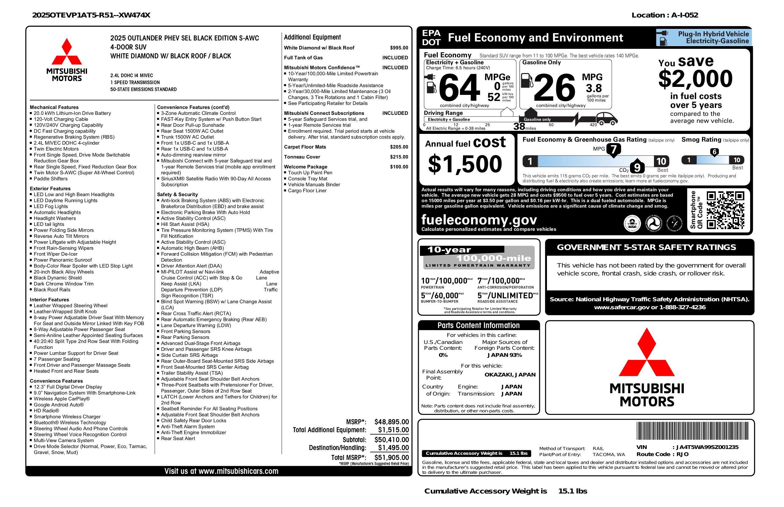 Window Sticker for 2025 Mitsubishi Outlander Plug In Hybrid