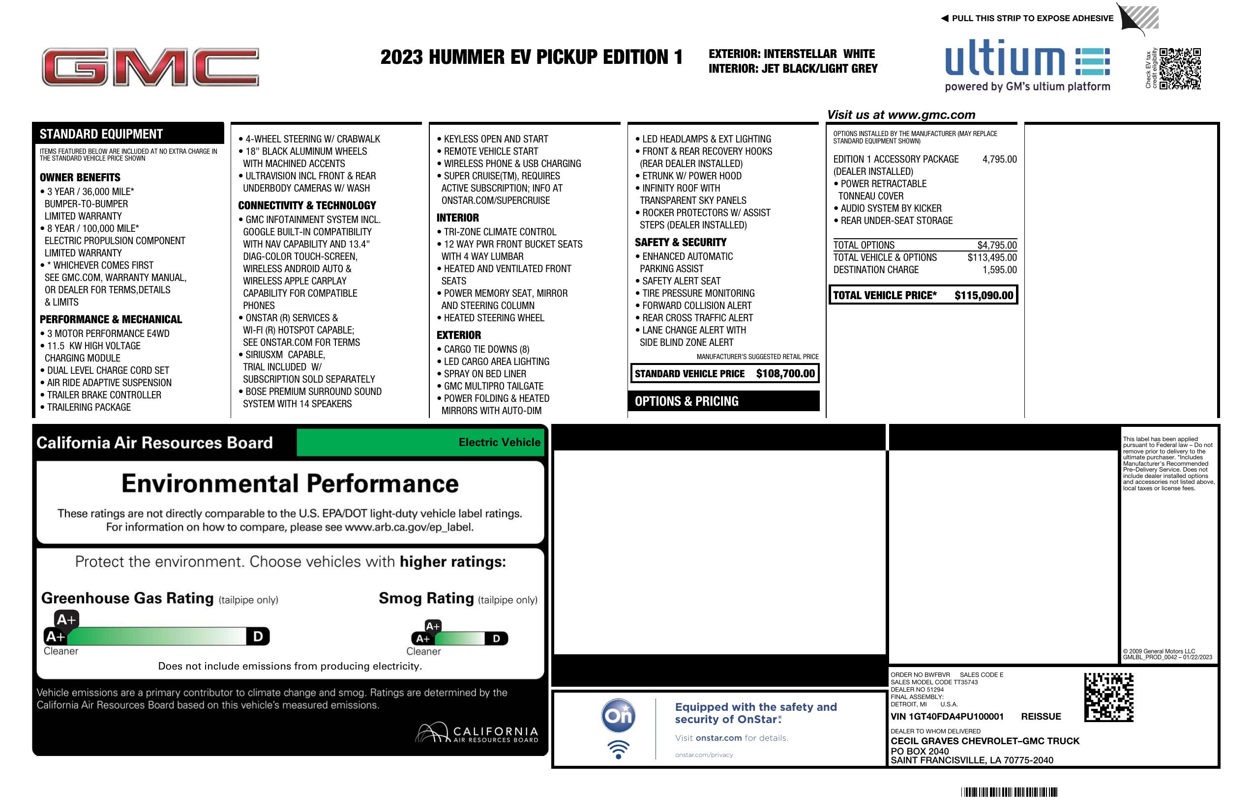 Window Sticker for 2023 GMC Hummer Ev Pickup E4 Wd Crew Cab 3 X