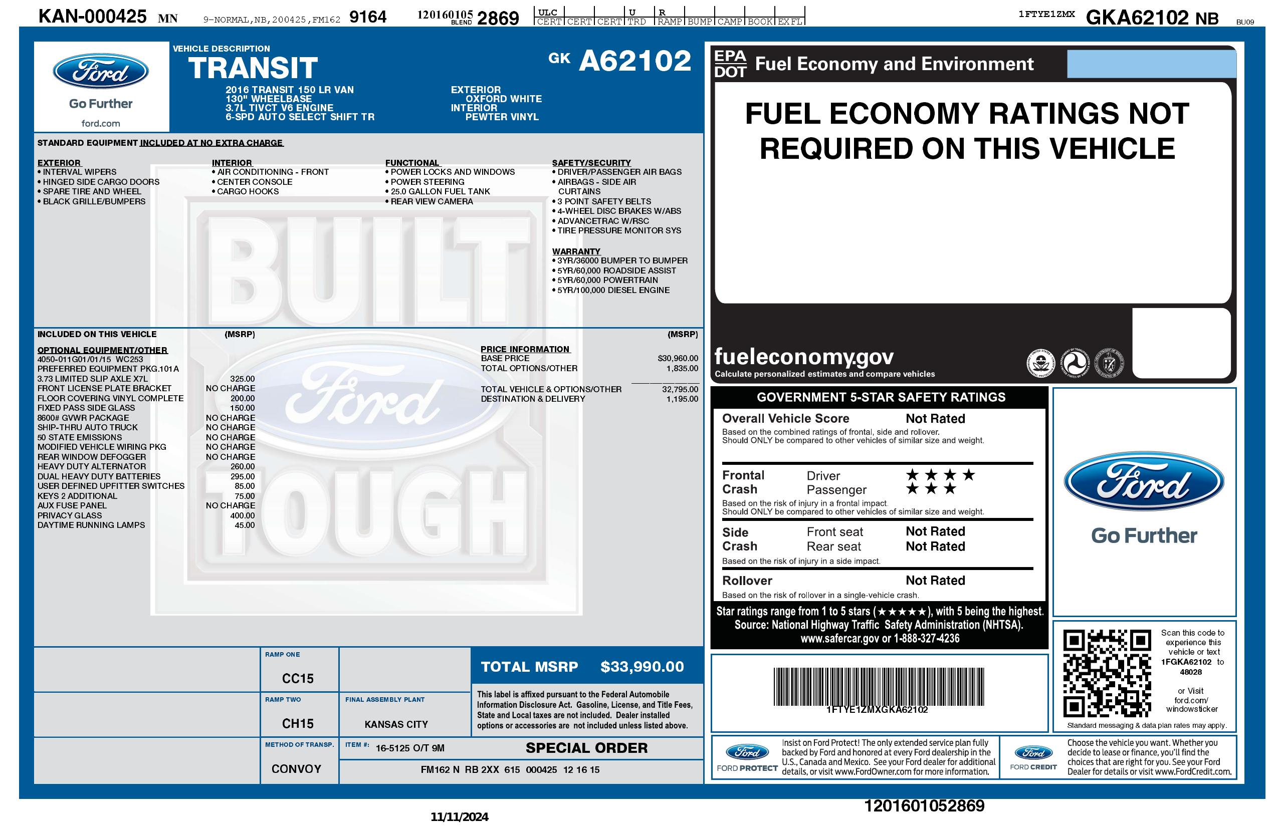Window Sticker for 2016 Ford Transit Cargo Van T 150 130" Low Rf 8600 ...