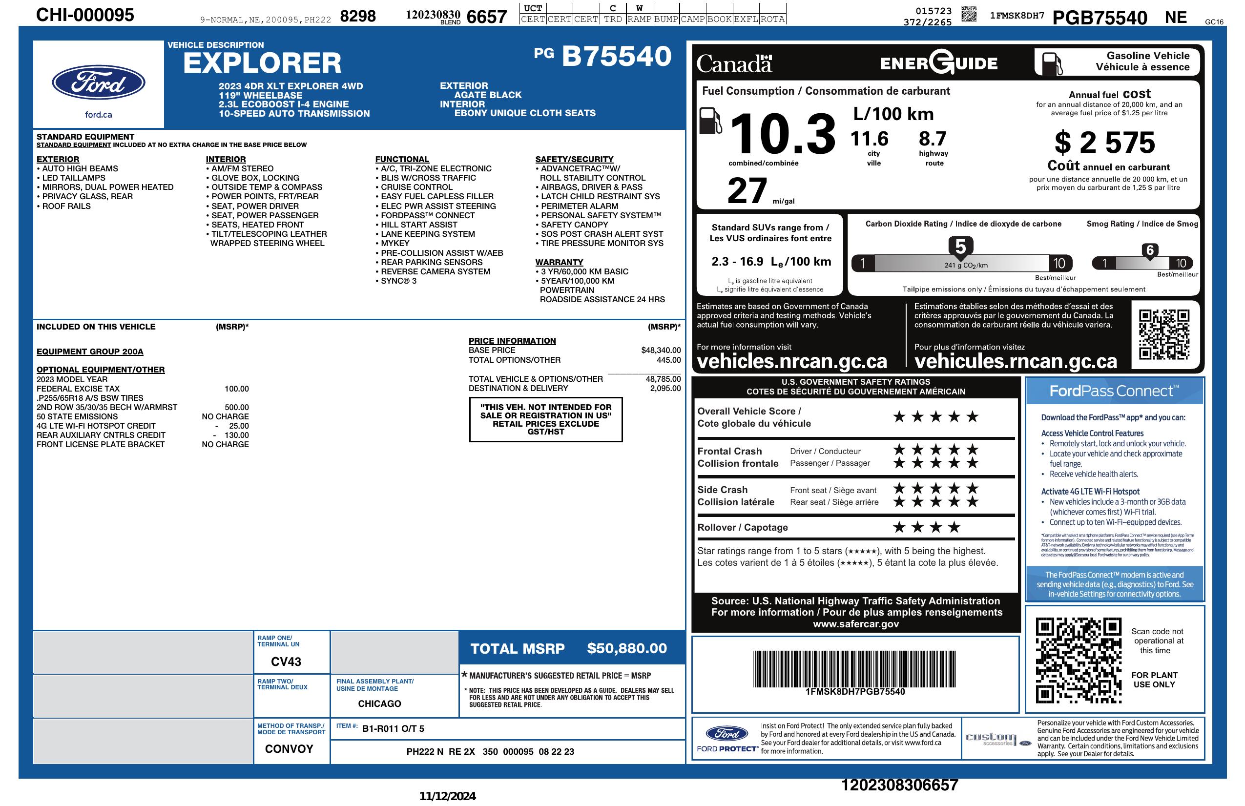 Window Sticker for 2023 Ford Explorer Xlt 4 Wd
