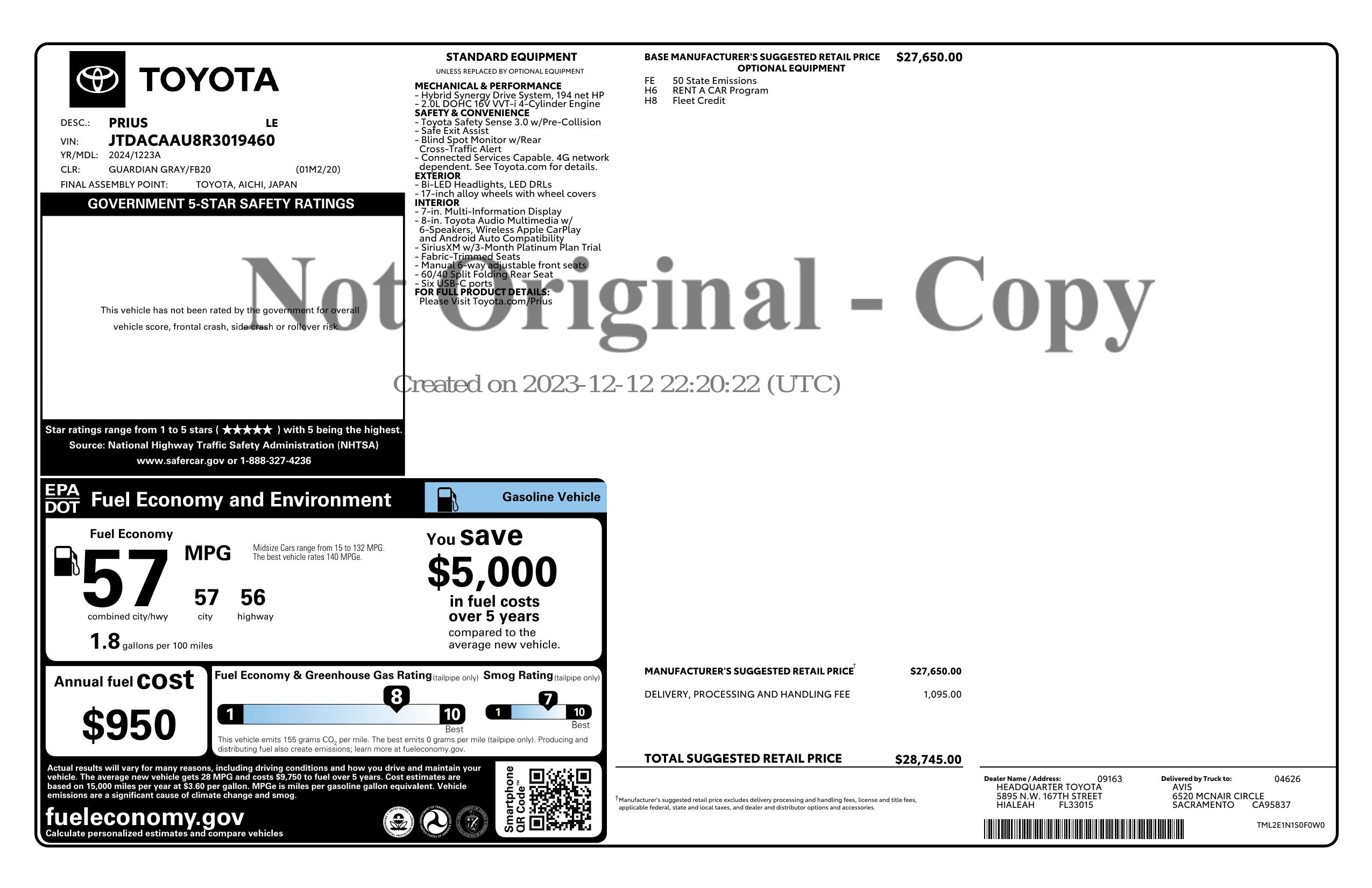 Window Sticker for 2024 Toyota Prius (Natl)
