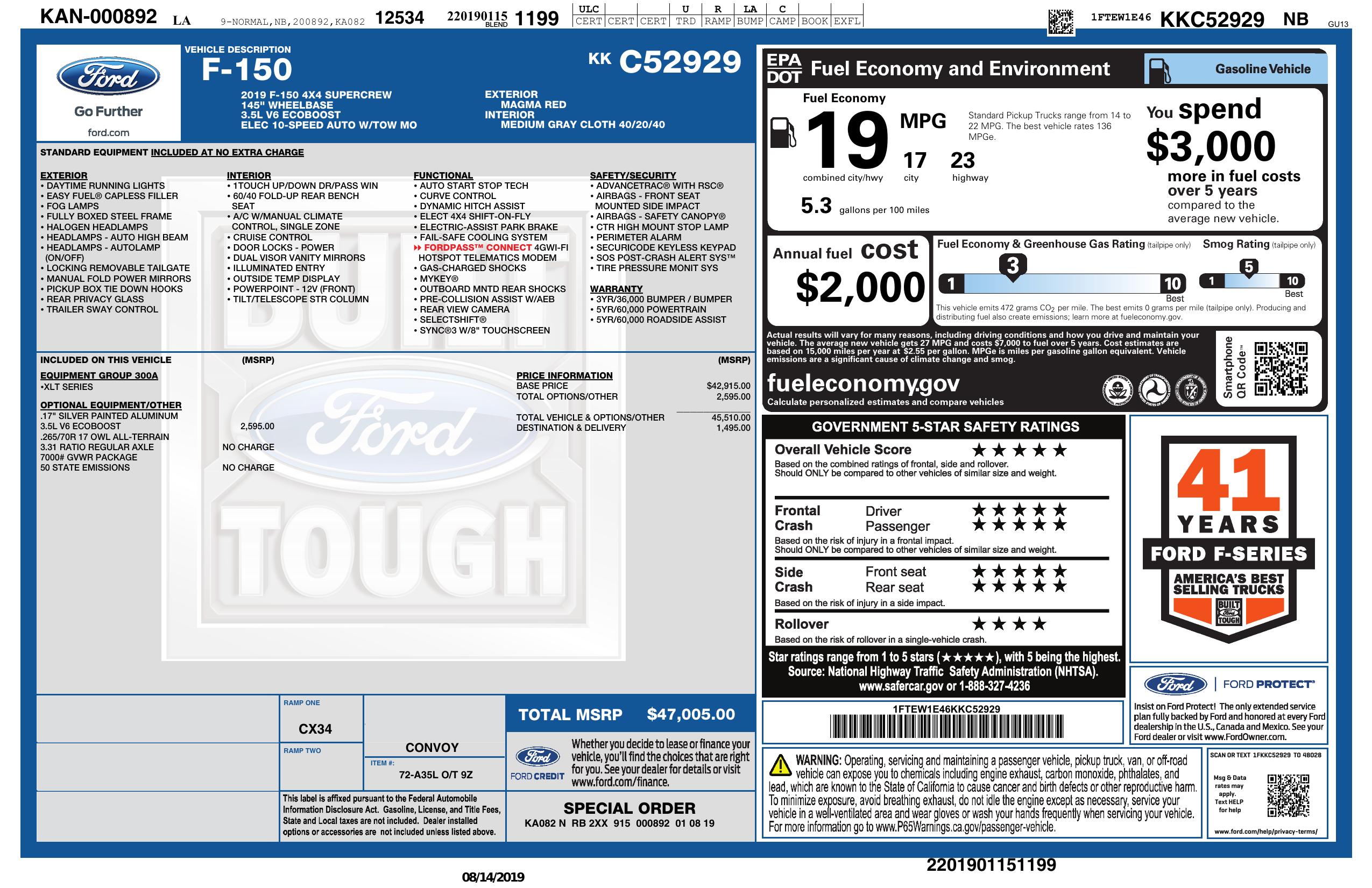 Window Sticker for 2019 Ford F 150 4 Wd Super Crew Box