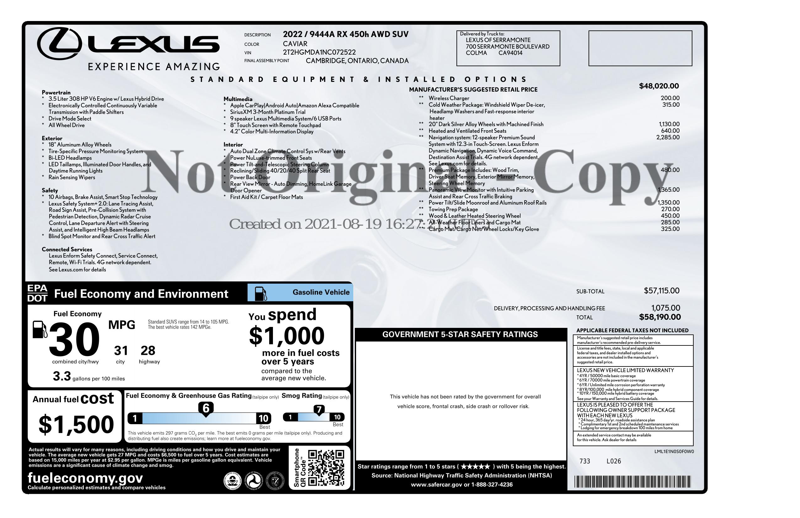 Window Sticker for 2022 Lexus Rx Rx 450h Awd