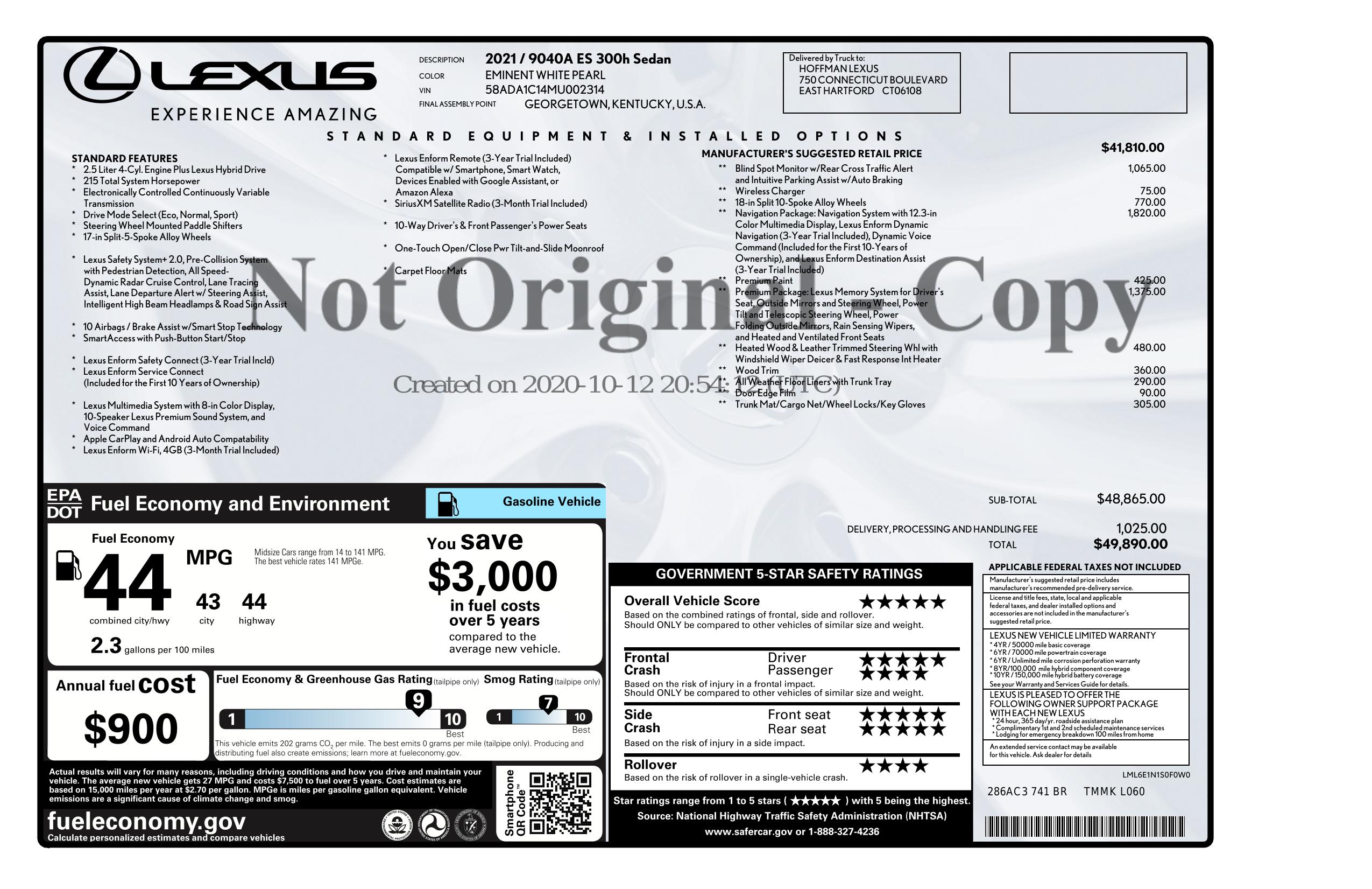 Window Sticker for 2021 Lexus Es Es 300h Fwd