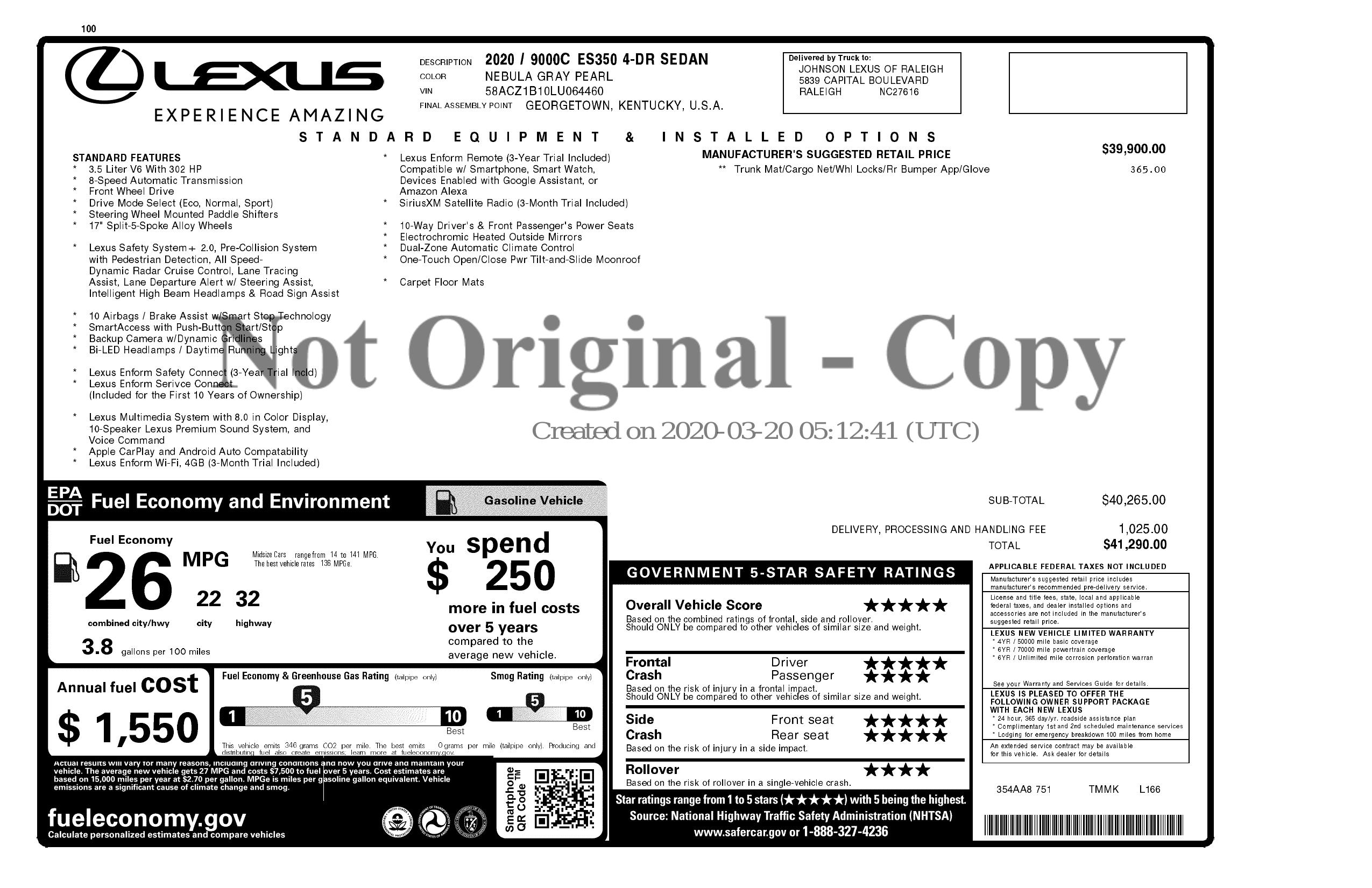 Window Sticker for 2020 Lexus Es 350 Fwd