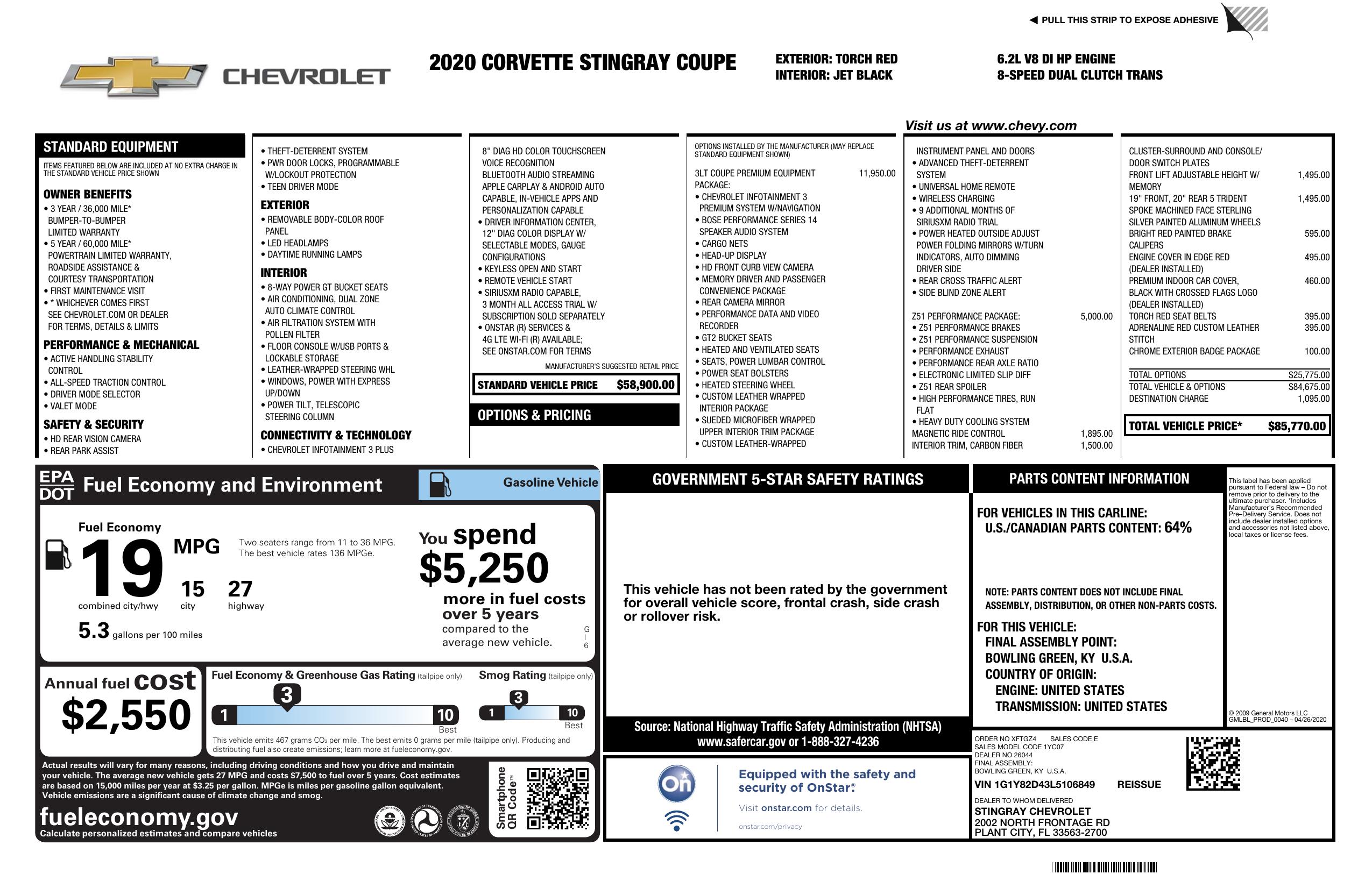 Window Sticker for 2020 Chevrolet Corvette 2dr Stingray Cpe W/3 Lt