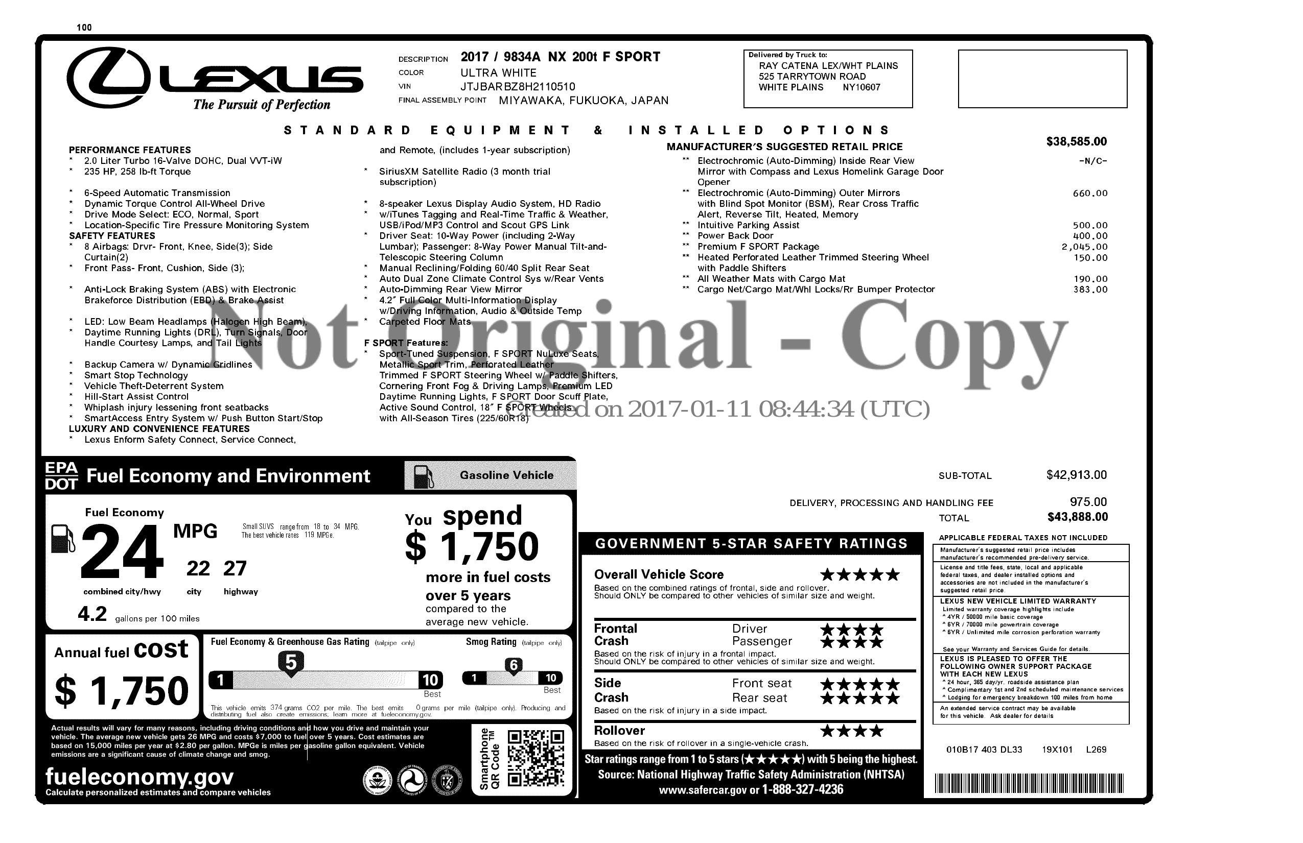 Window Sticker for 2017 Lexus Nx Turbo Awd