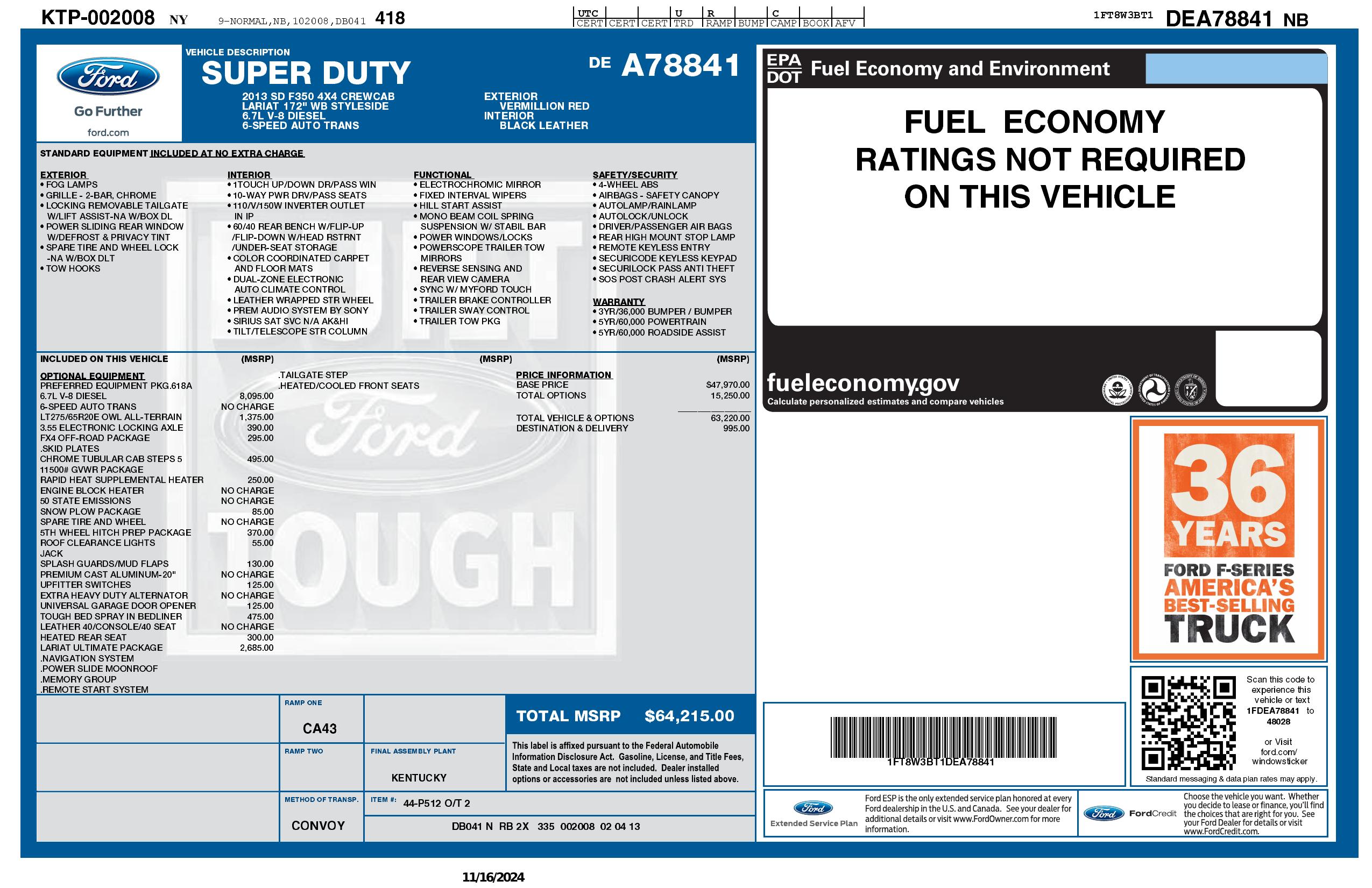 Window Sticker for 2013 Ford Super Duty F 350 Srw 4x4 Lariat 4dr Crew Cab 8 Ft. Lb Srw Pickup